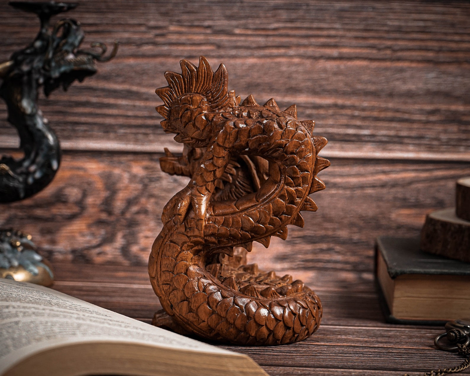 Wooden Dragon Statue 5.9", Unique Sculpture, Chinese Dragon, Mystical ...