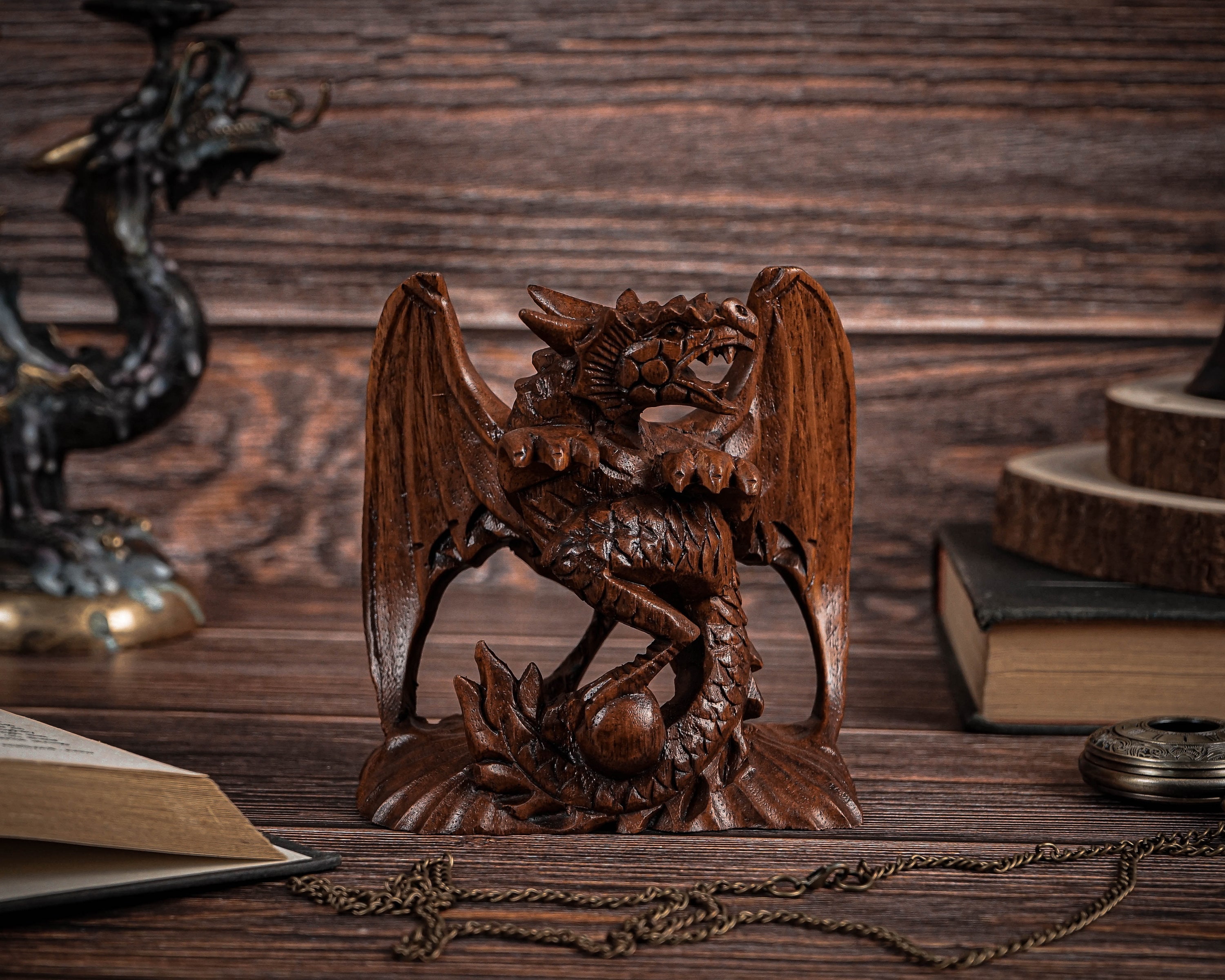 Small Dragon Statue 4.5, Mystical Animal, Wooden Dragon, Wood Carved ...