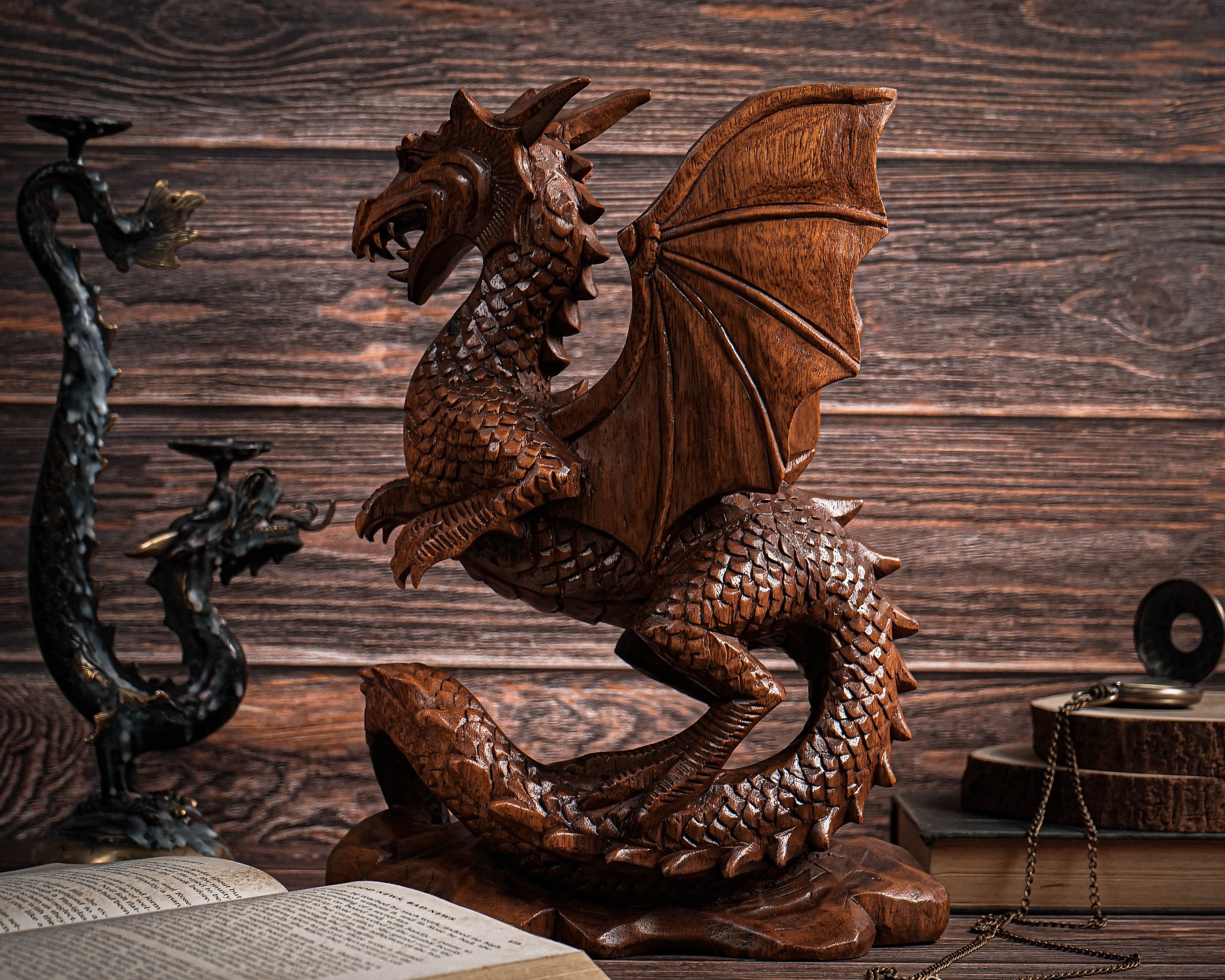 Fire Dragon Statue 12.2, Dragon Figurine, Mystical Animal, Wood Carving ...