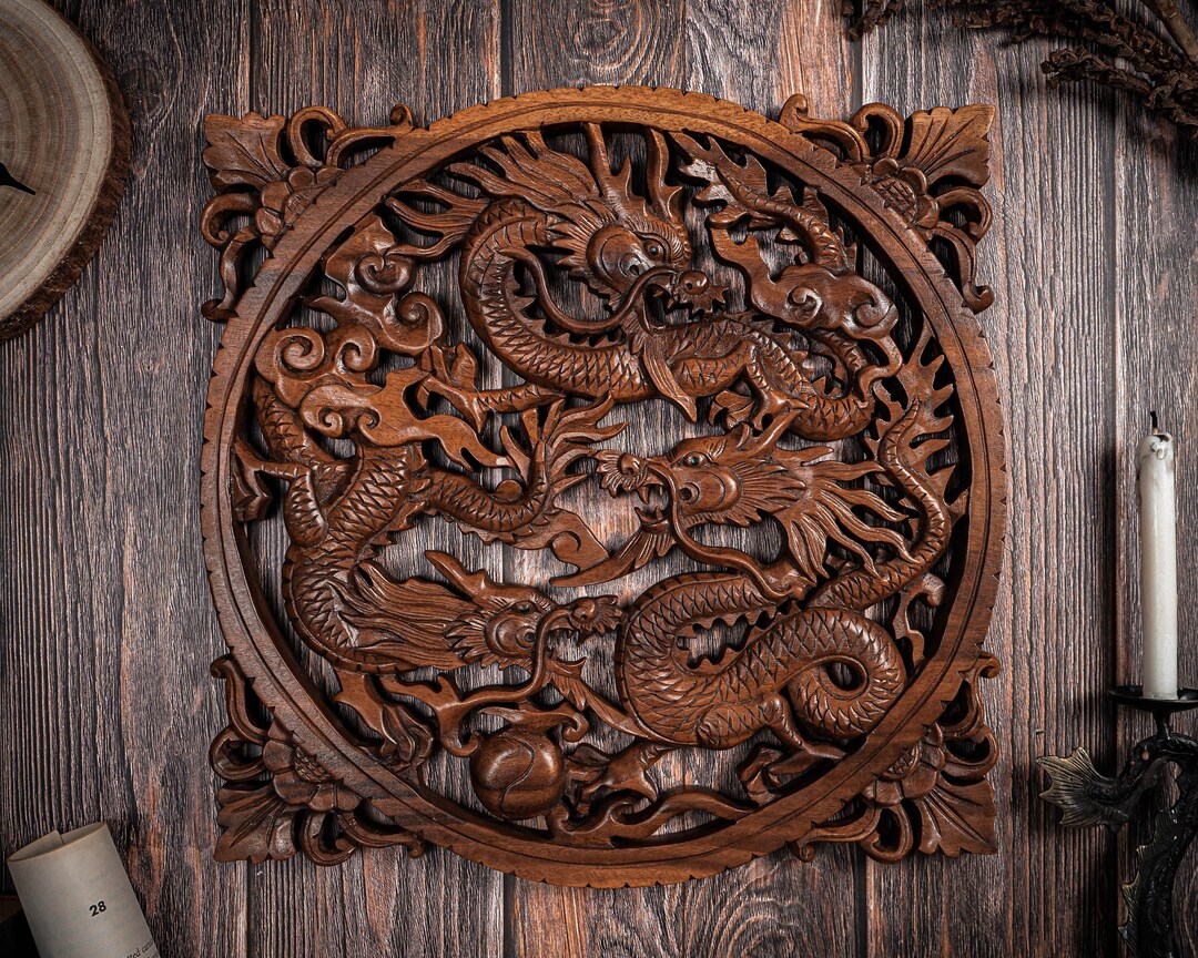 Chinese Dragon Wall Decor 13.5", Dragon Wall Art, Wood Carving, Chinese ...