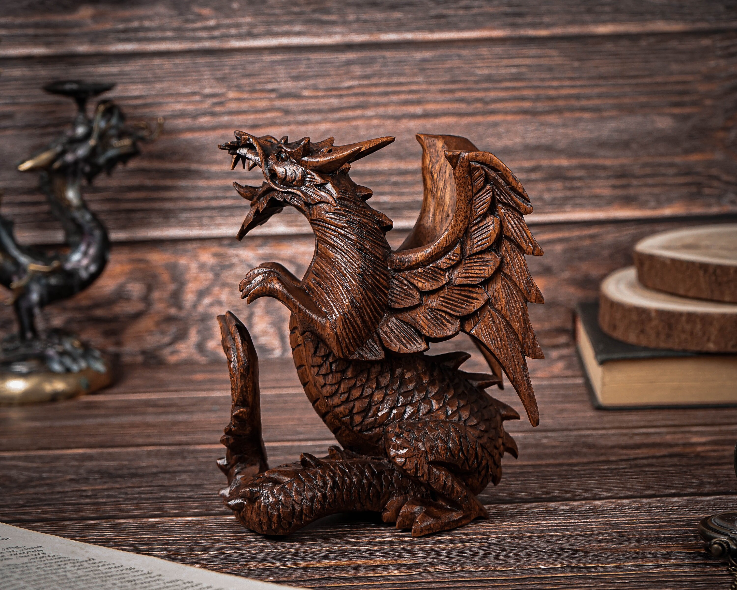 Fire Dragon Statue 6.5", Dragon Figurine, Mystical Animal, Dragon Wood ...
