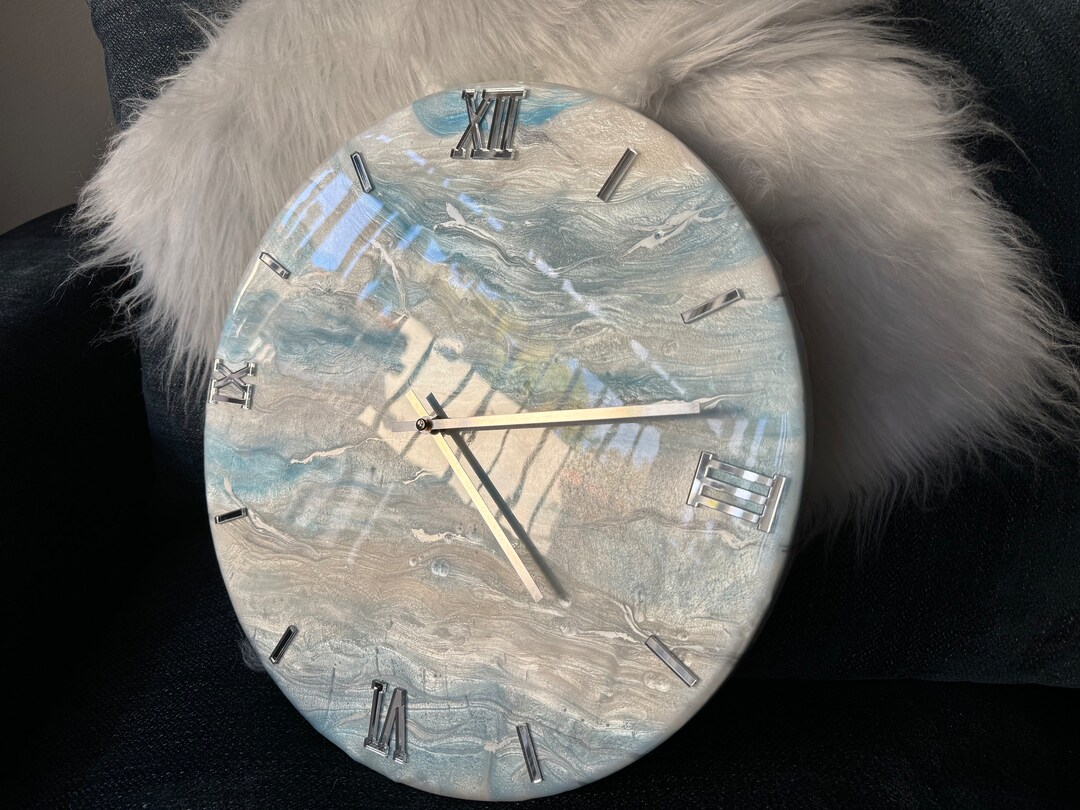 Resin Art Wall Clock | Blue, White and Silver Wall Clock | Living Room ...
