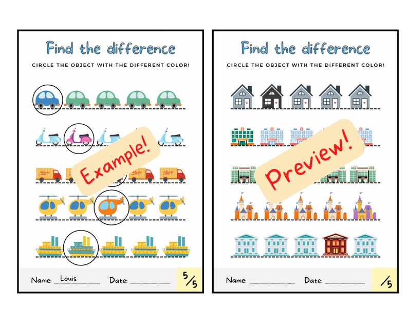 Find the Differences for Kids! Preschool Exercises | Printable PDF File ...