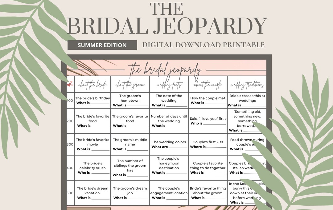Bridal Jeopardy - Summer | Printable | Summer Bridal Shower Game ...
