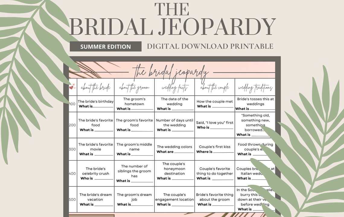 Bridal Jeopardy Printable for Summer Summer Bridal Jeopardy Game Summer ...