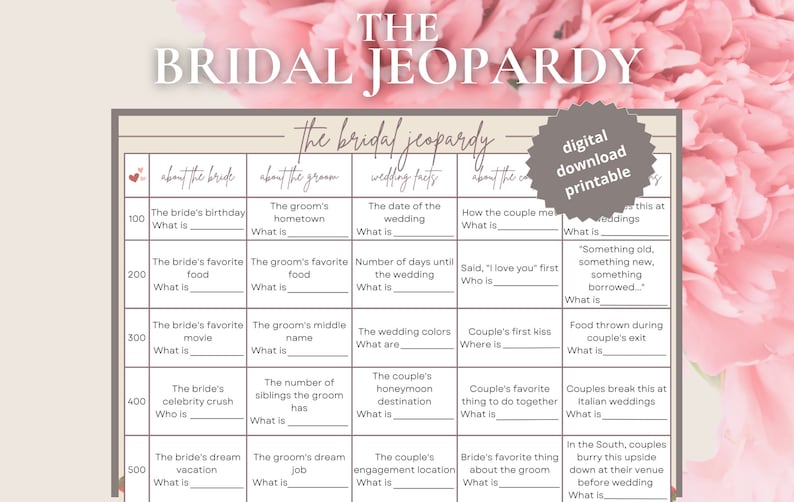 Bridal Jeopardy Printable | Bridal Jeopardy Game | Bridal Jeopardy ...