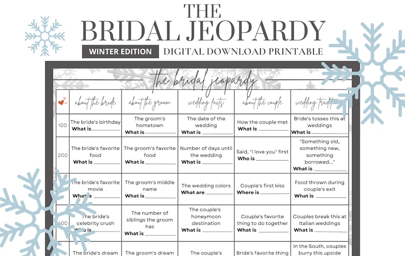 Bridal Jeopardy - Winter | Printable | Winter Bridal Shower Game ...