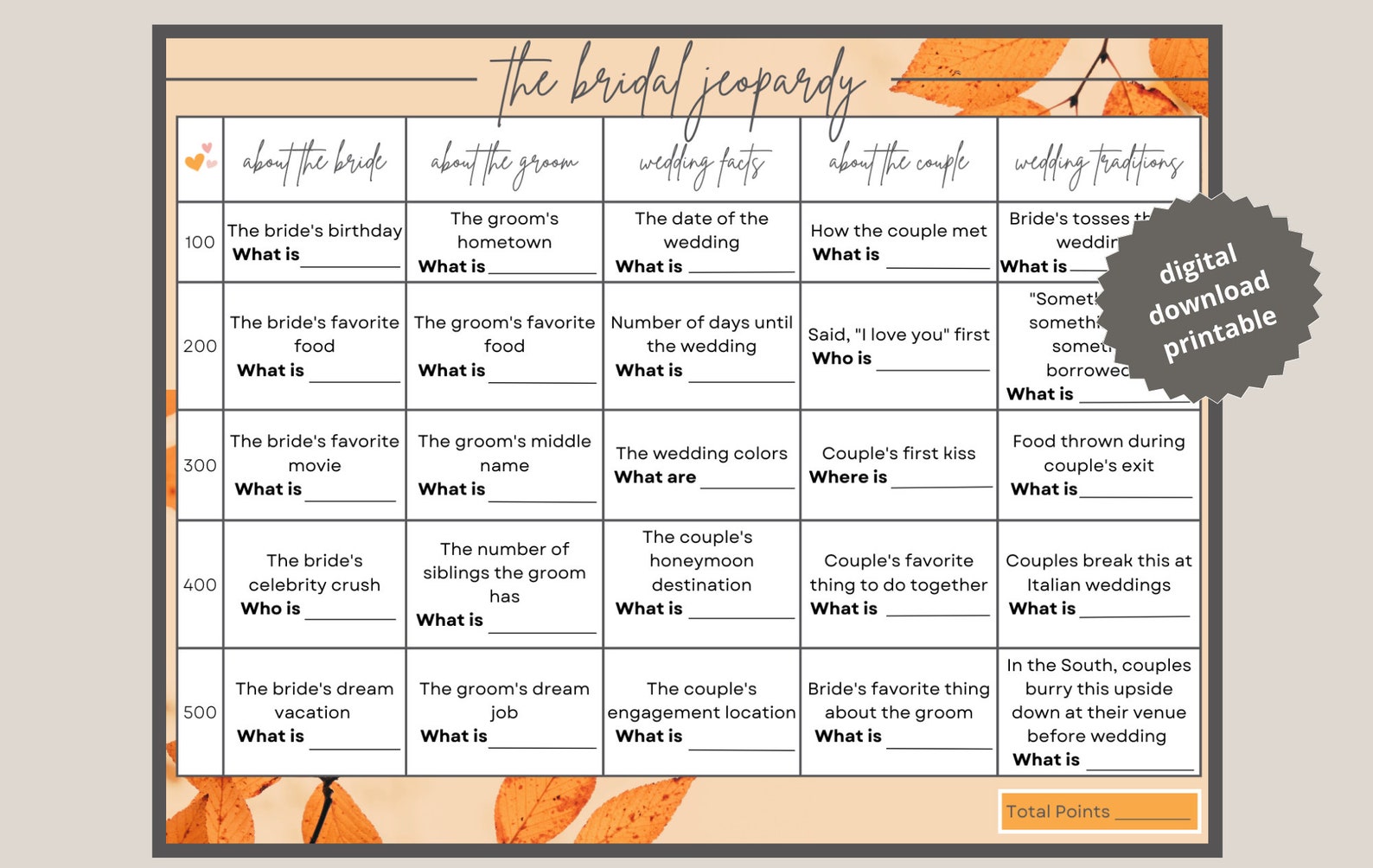 Bridal Jeopardy Printable for Fall Fall Bridal Jeopardy Game Fall ...