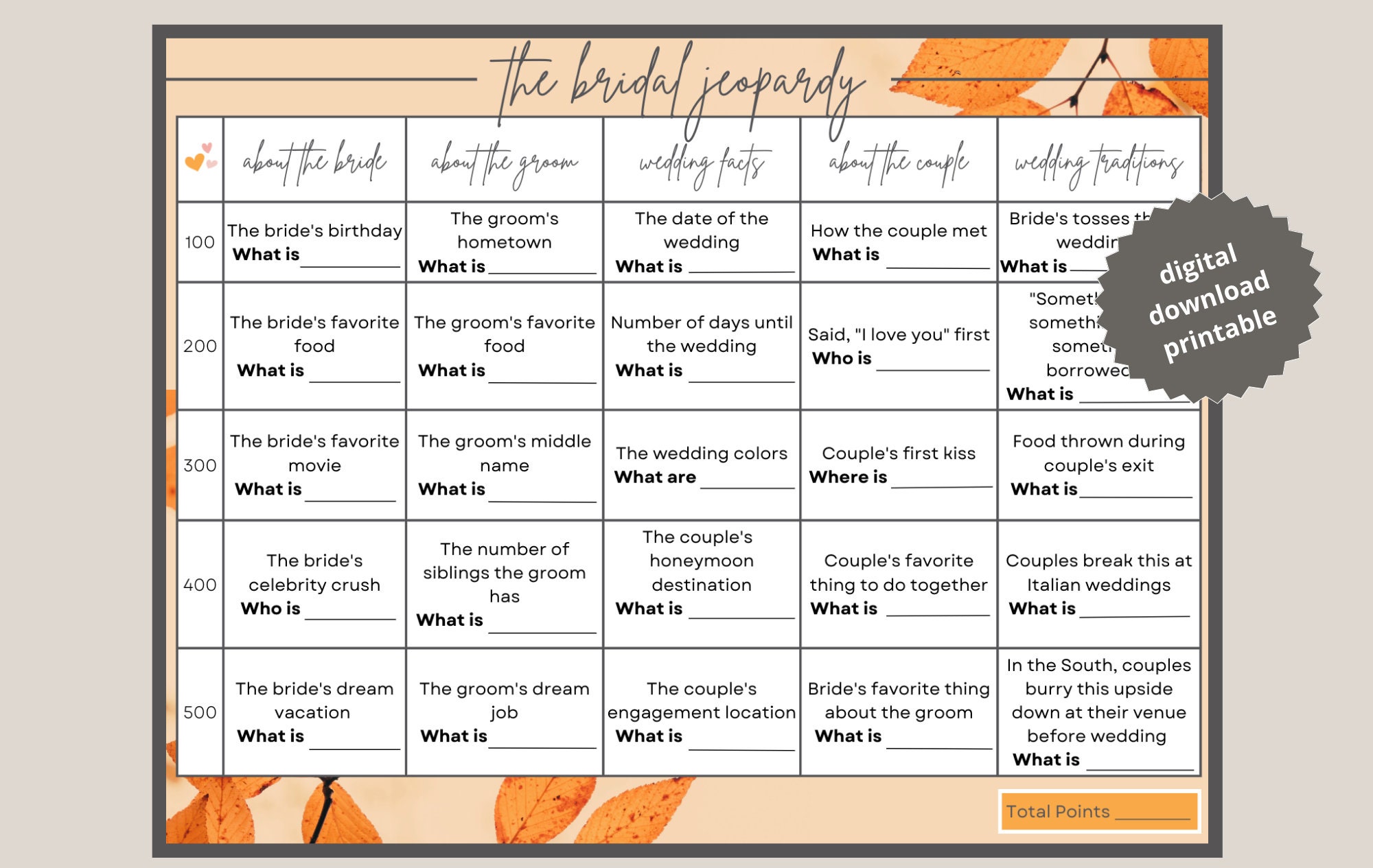 Bridal Jeopardy Printable for Fall Fall Bridal Jeopardy Game Fall ...