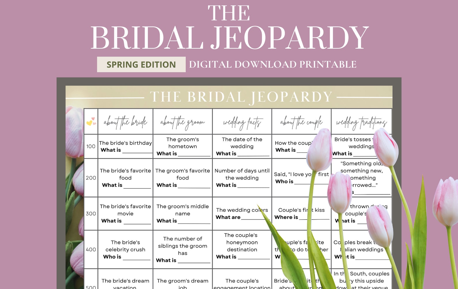 Bridal Jeopardy - Spring | Printable | Spring Bridal Shower Game ...