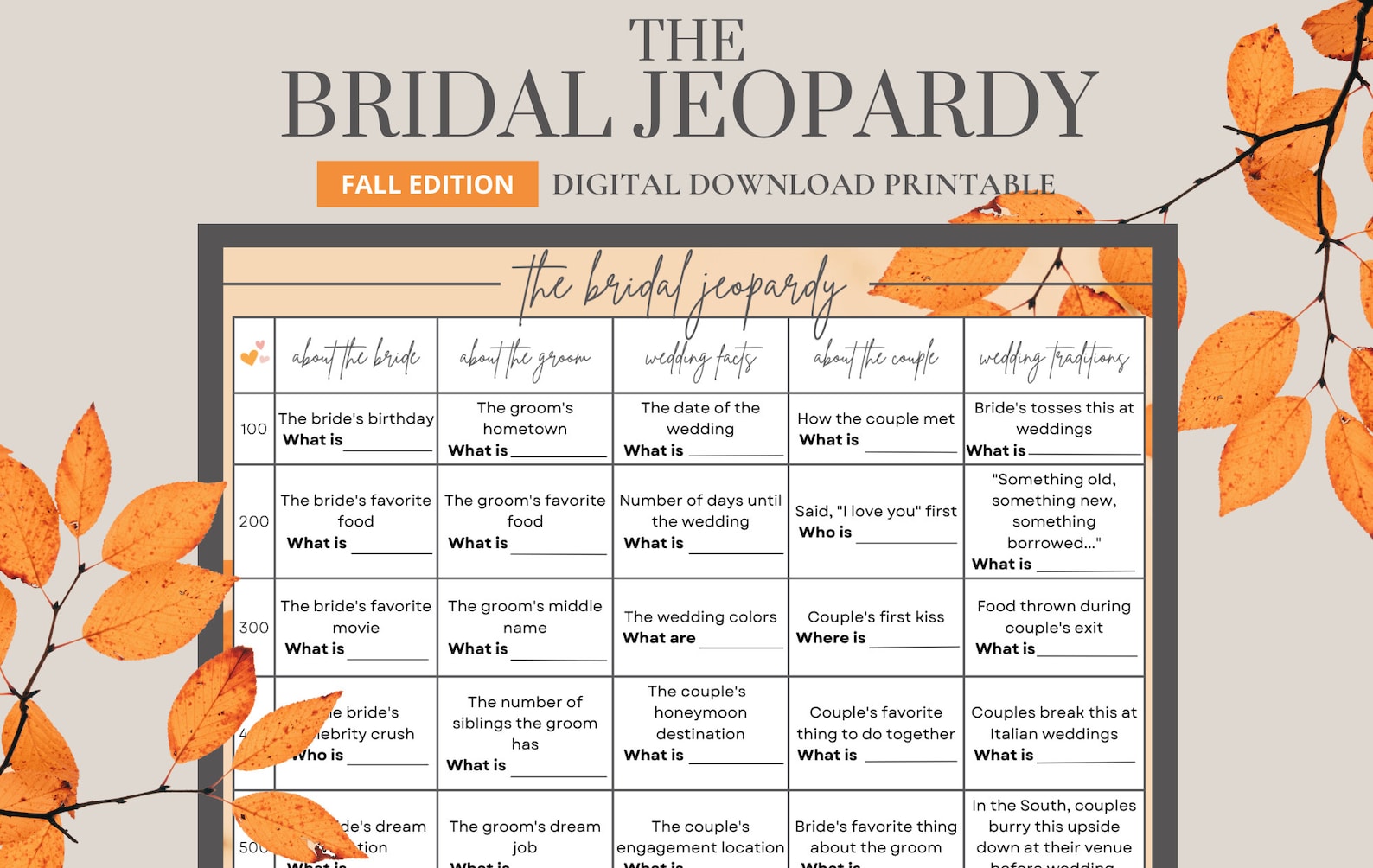 Bridal Jeopardy Printable for Fall Fall Bridal Jeopardy Game Fall ...