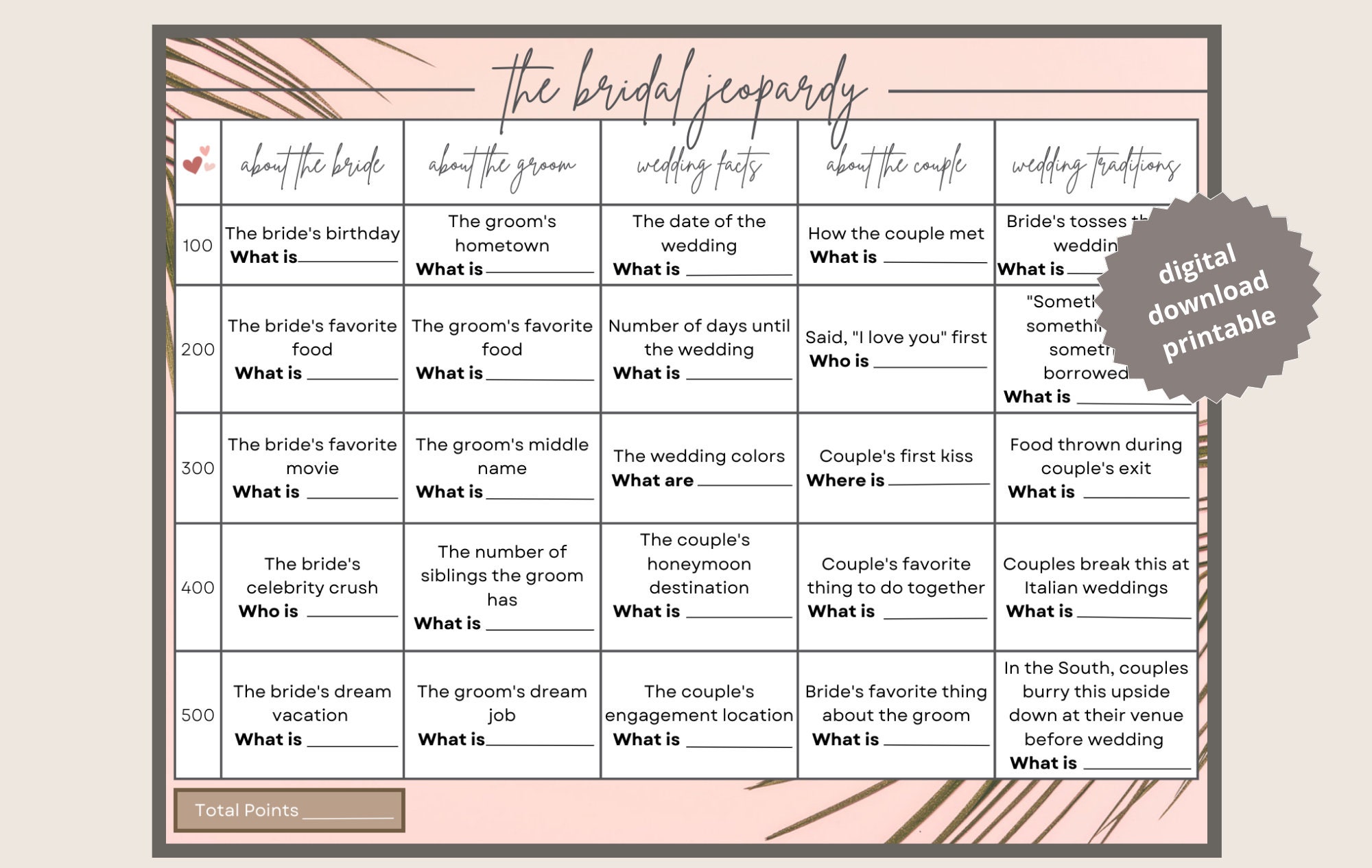 Bridal Jeopardy - Summer | Printable | Summer Bridal Shower Game ...