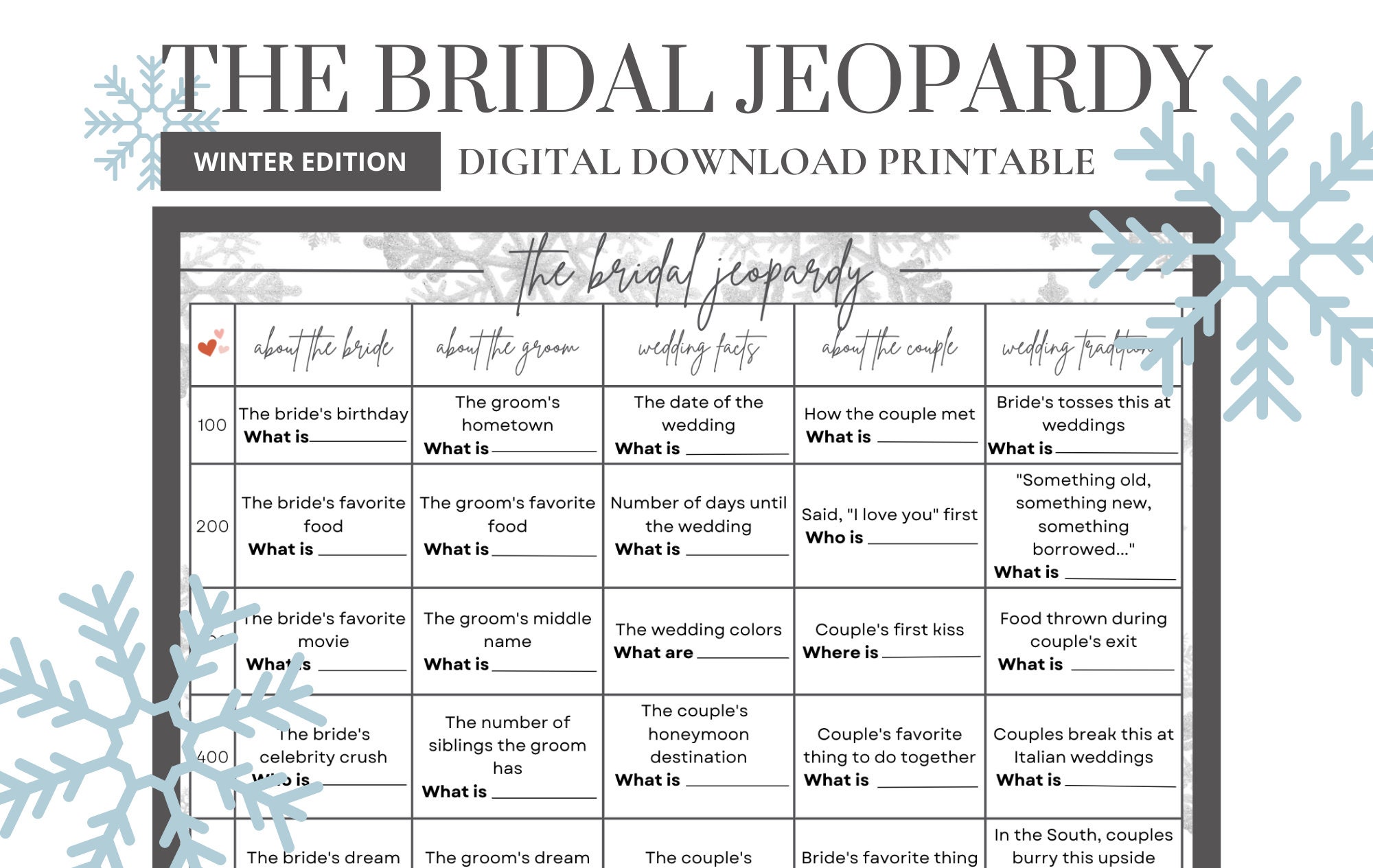 Bridal Jeopardy Printable for Winter Winter Bridal Jeopardy Game Winter ...