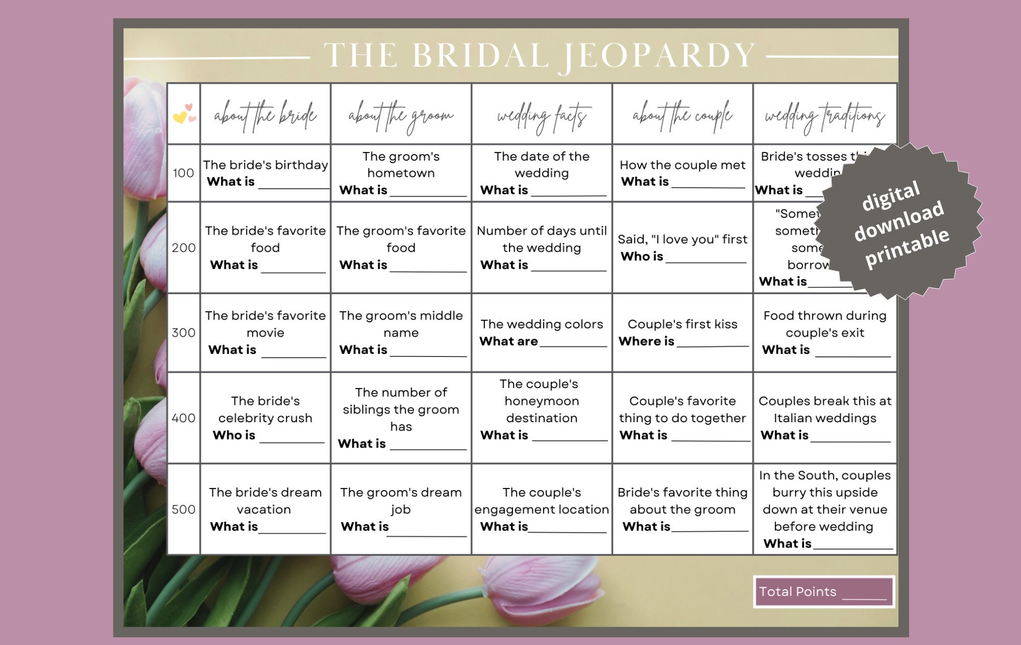Bridal Jeopardy - Spring | Printable | Spring Bridal Shower Game ...