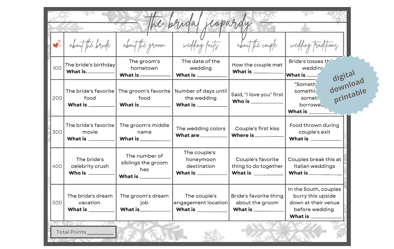 Bridal Jeopardy - Winter | Printable | Winter Bridal Shower Game ...