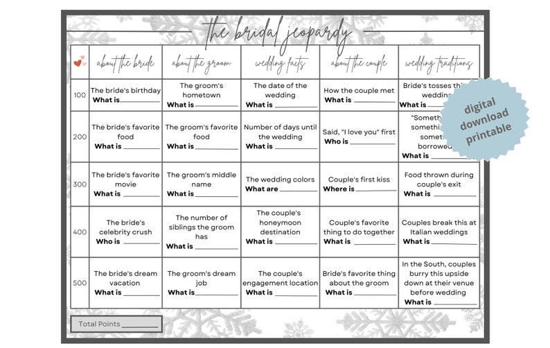 Bridal Jeopardy - Winter | Printable | Winter Bridal Shower Game ...