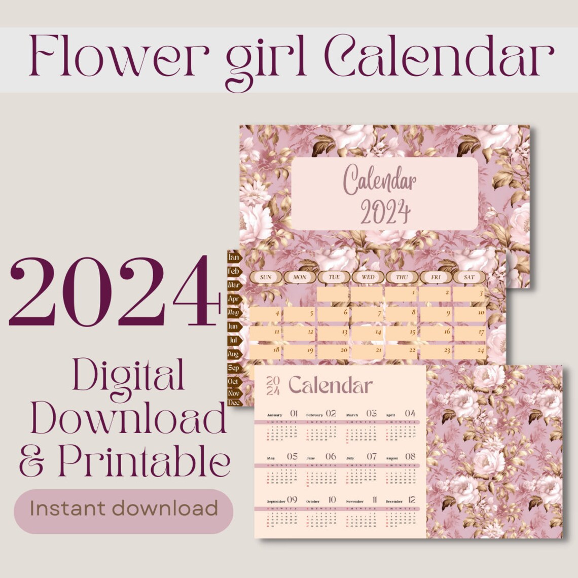 Flower Girl 2024 Calendar Digital Download Planner Calendar, Monthly ...