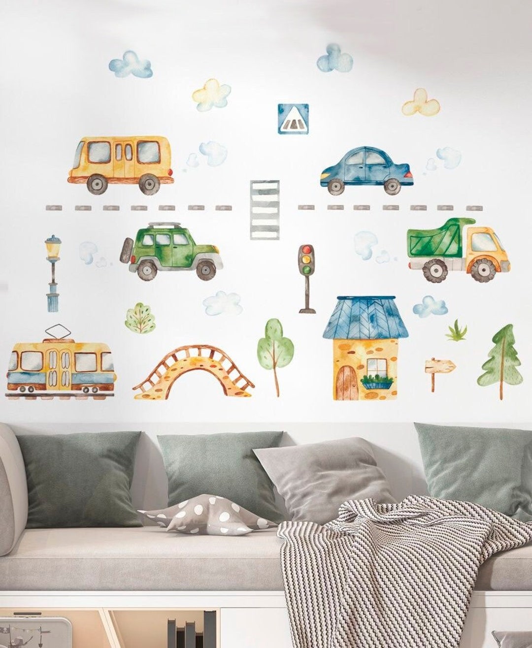 Watercolor Traffic Transport Wall Decal, Away We Go Vinyl Sticker, Cars ...