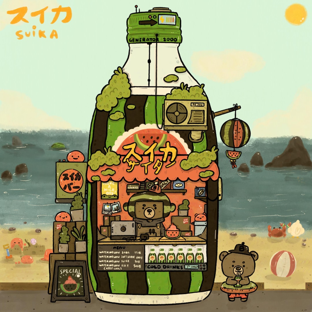 Suika Soda Watermelon Shop by the Ocean | 8x8 Artprint | Original, Food ...