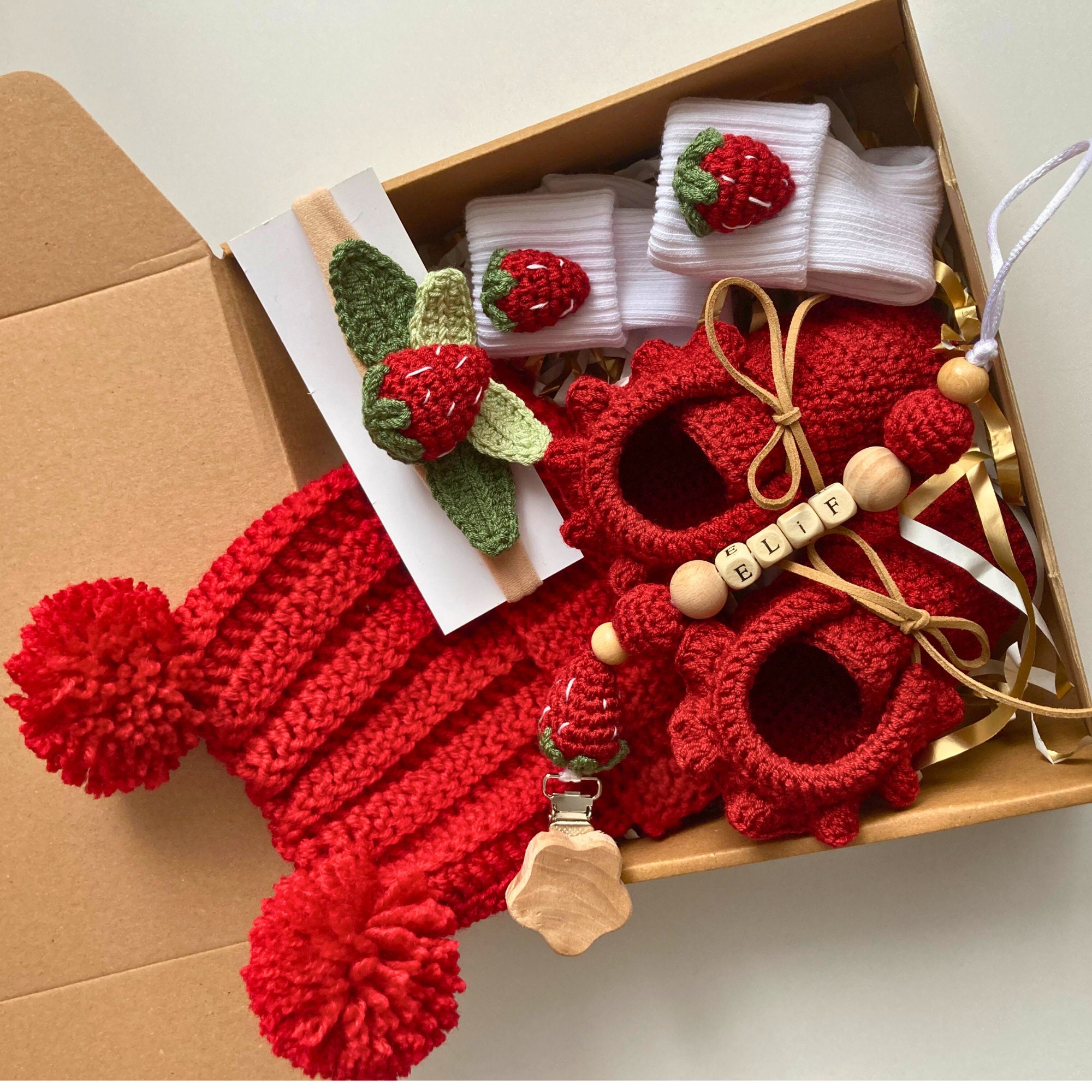 Baby Girl Present Box, Knitted Baby Hat Booties Socks and Headband Set ...