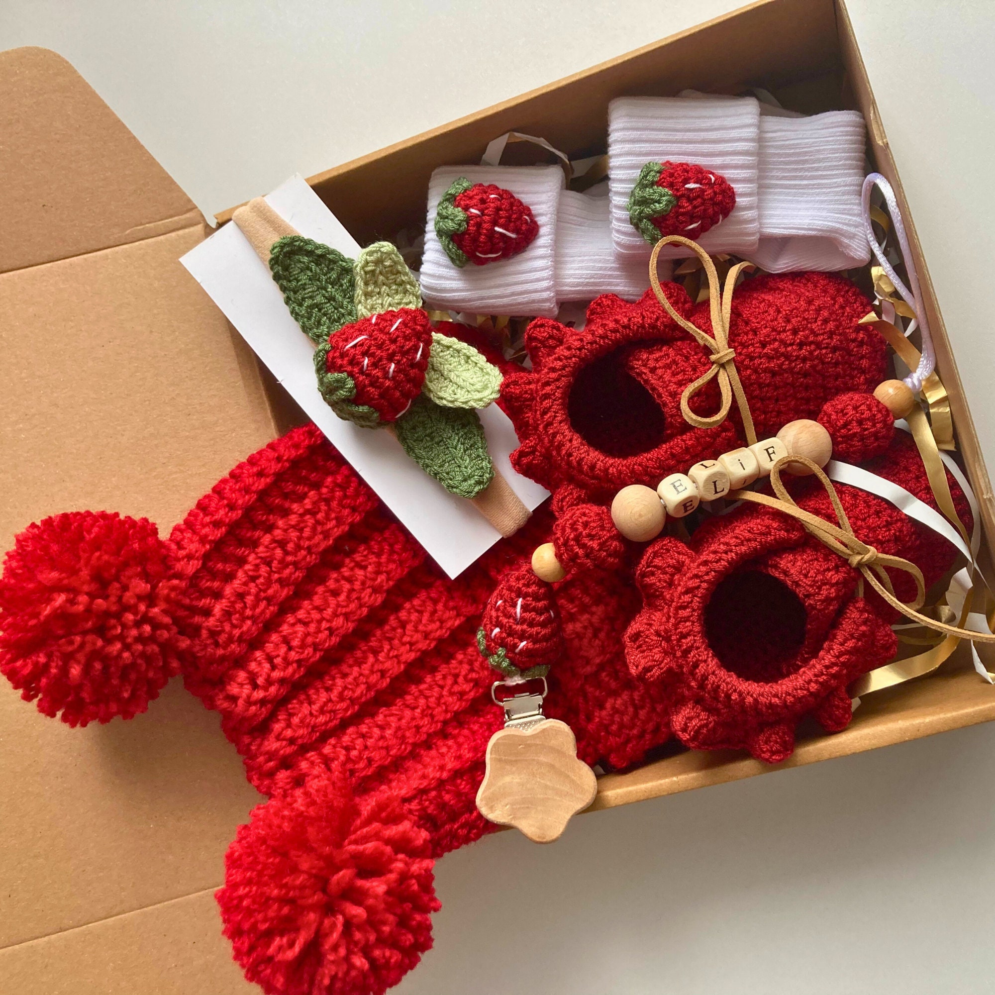 Baby Girl Present Box, Knitted Baby Hat Booties Socks and Headband Set ...