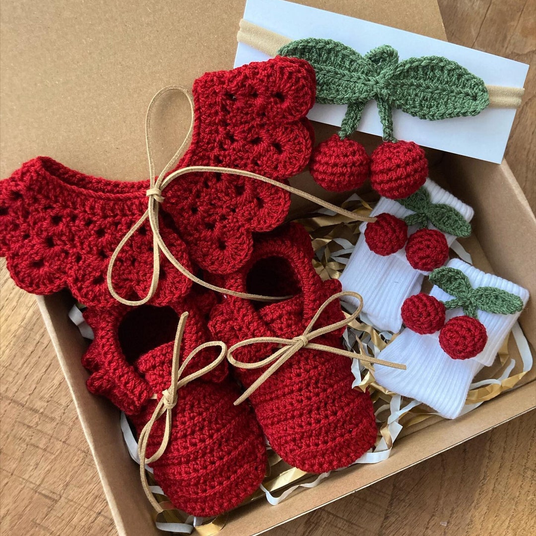 Handmade Crochet Baby Gift Set, Cherry Booties, Collar, Socks, Hair ...
