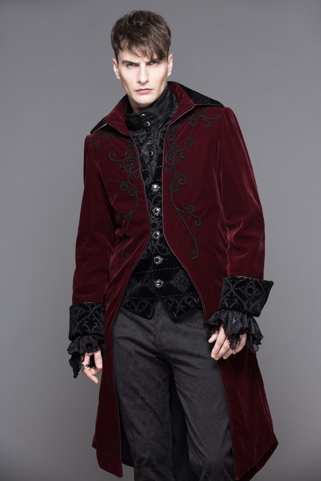 Winter Men Red Gothic Gentlemen Stand Collar Velvet Long Coats, Velvet ...