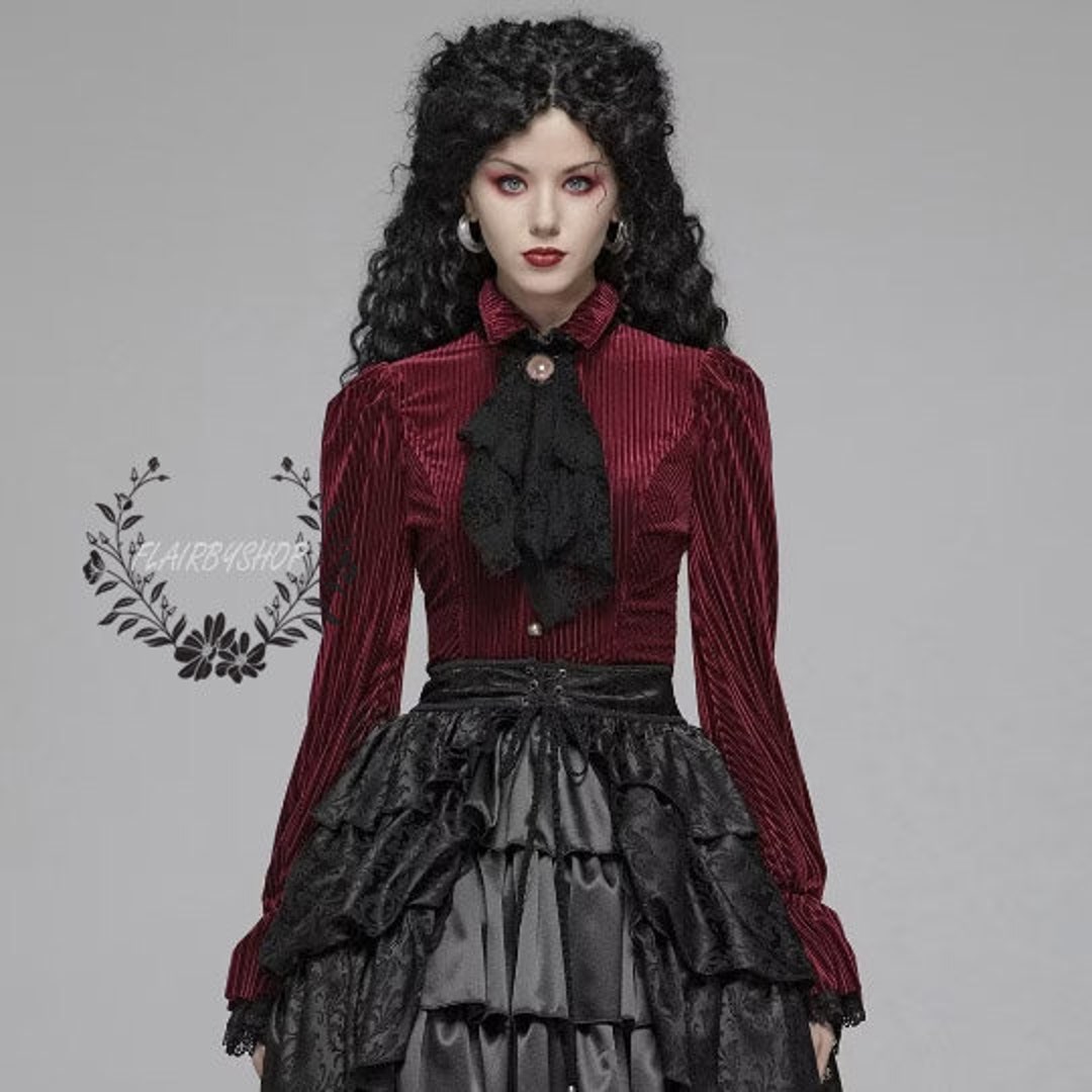 Victorian Design Shirt, Women Gothic Velvet Red Blouse Top, Long Sleeve ...