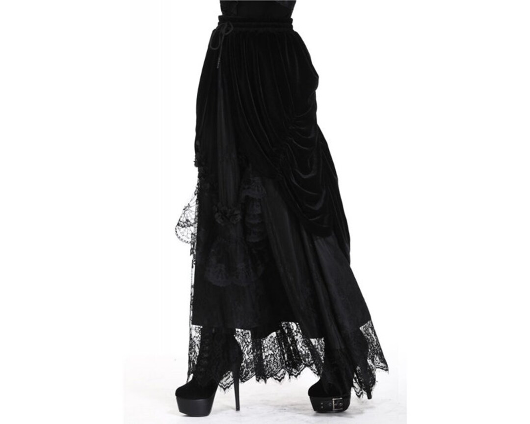 Queen Goth Gorgeous Skirt, Gothic Black Wave Velvet Lace Maxi Skirt ...