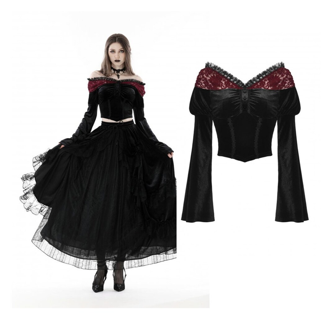 Victorian Design Gothic Red Lace Shoulder Velvet Top Shirt, Women ...