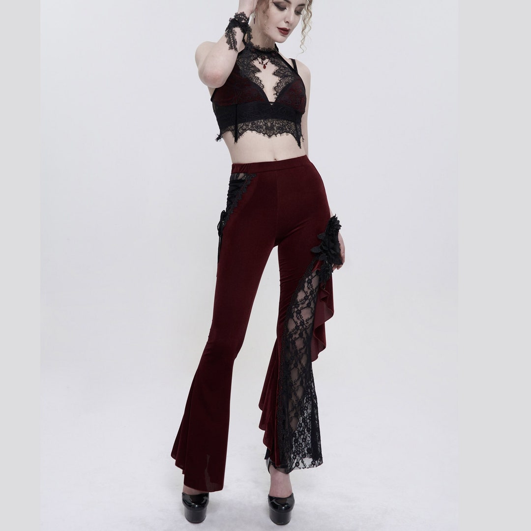 Red Romantic Gothic Strappy Lace Splice Flared Pants, Black Baroque ...
