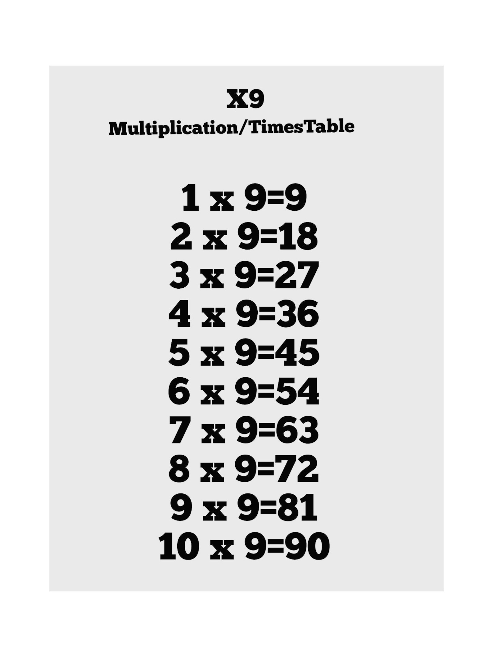 9 Times Table Multiplication Black and White Instant Printable Digital ...