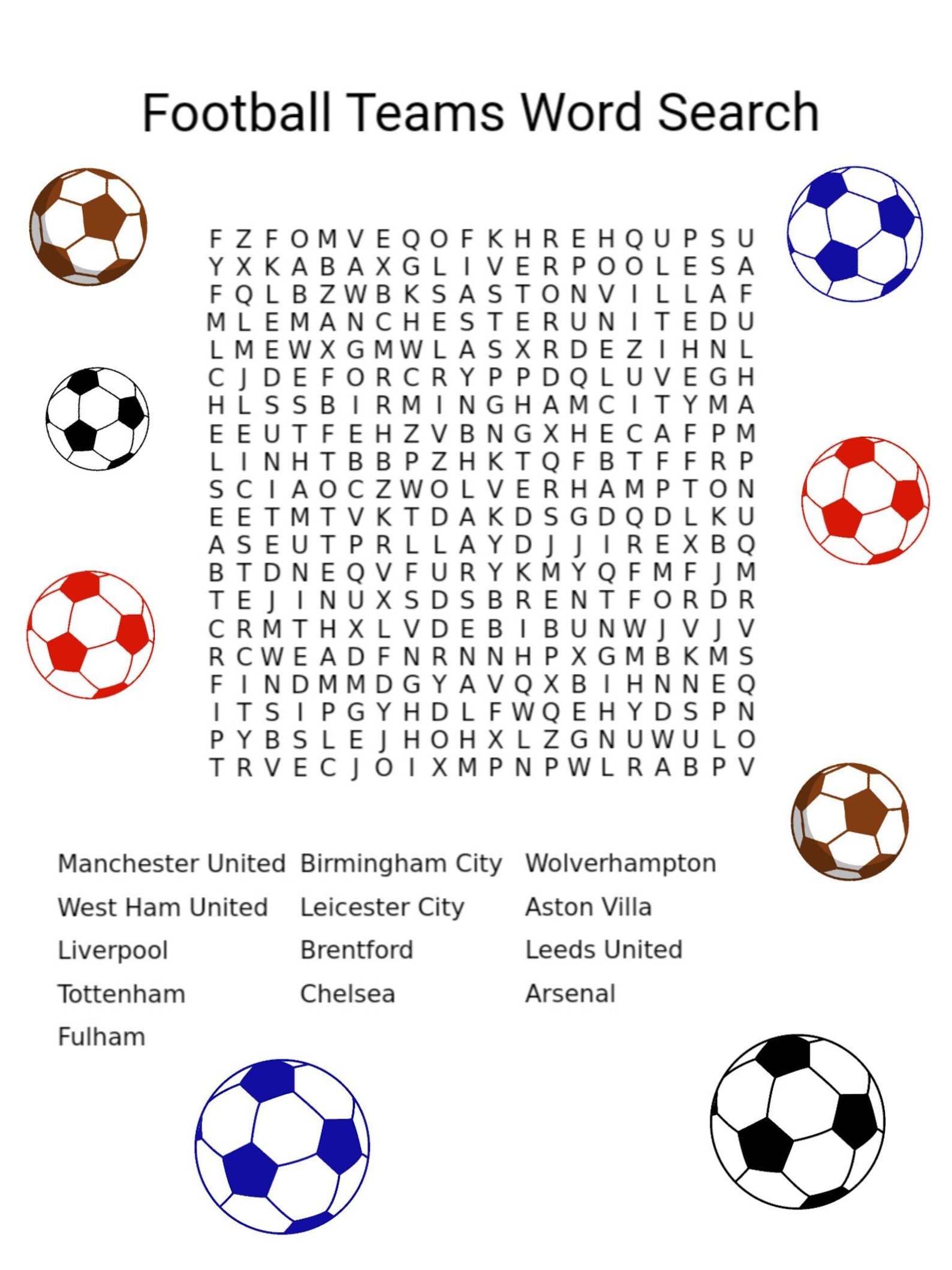 Football Teams Wordsearch, Instant Printable Digital Download - Etsy