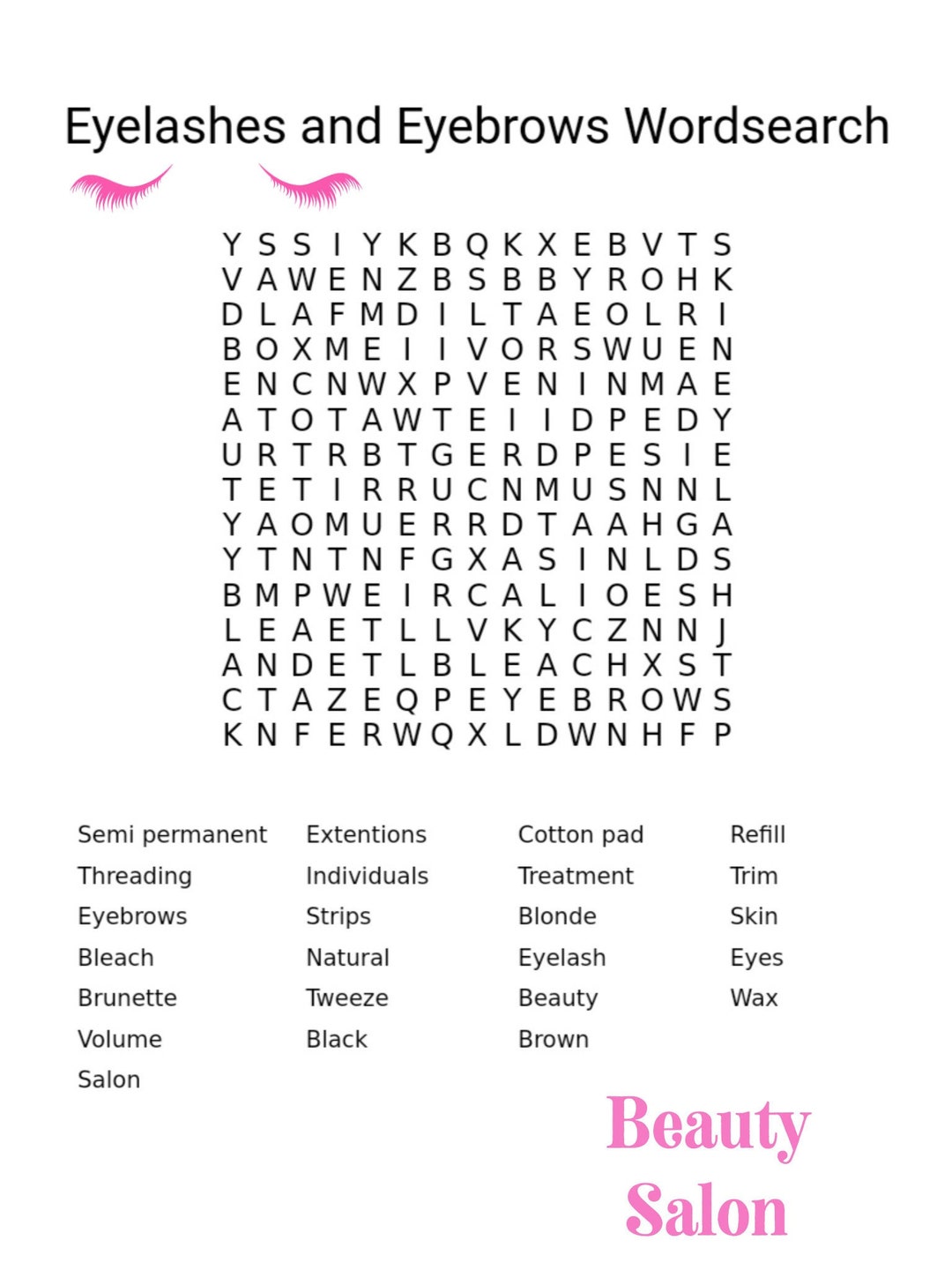 Eyelashes, Eyebrows, Beauty, Salon, Wordsearch, Puzzle, Game, Printable ...