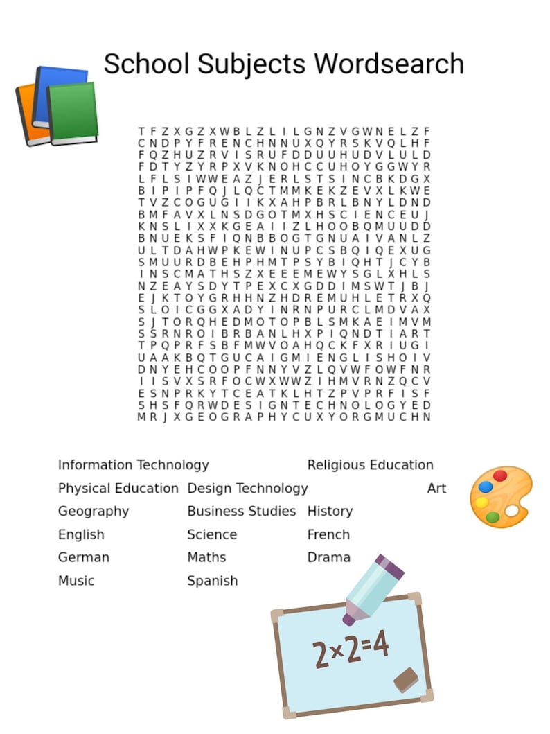 School Subjects Wordsearch, Learning, Teaching, Printable,instant ...