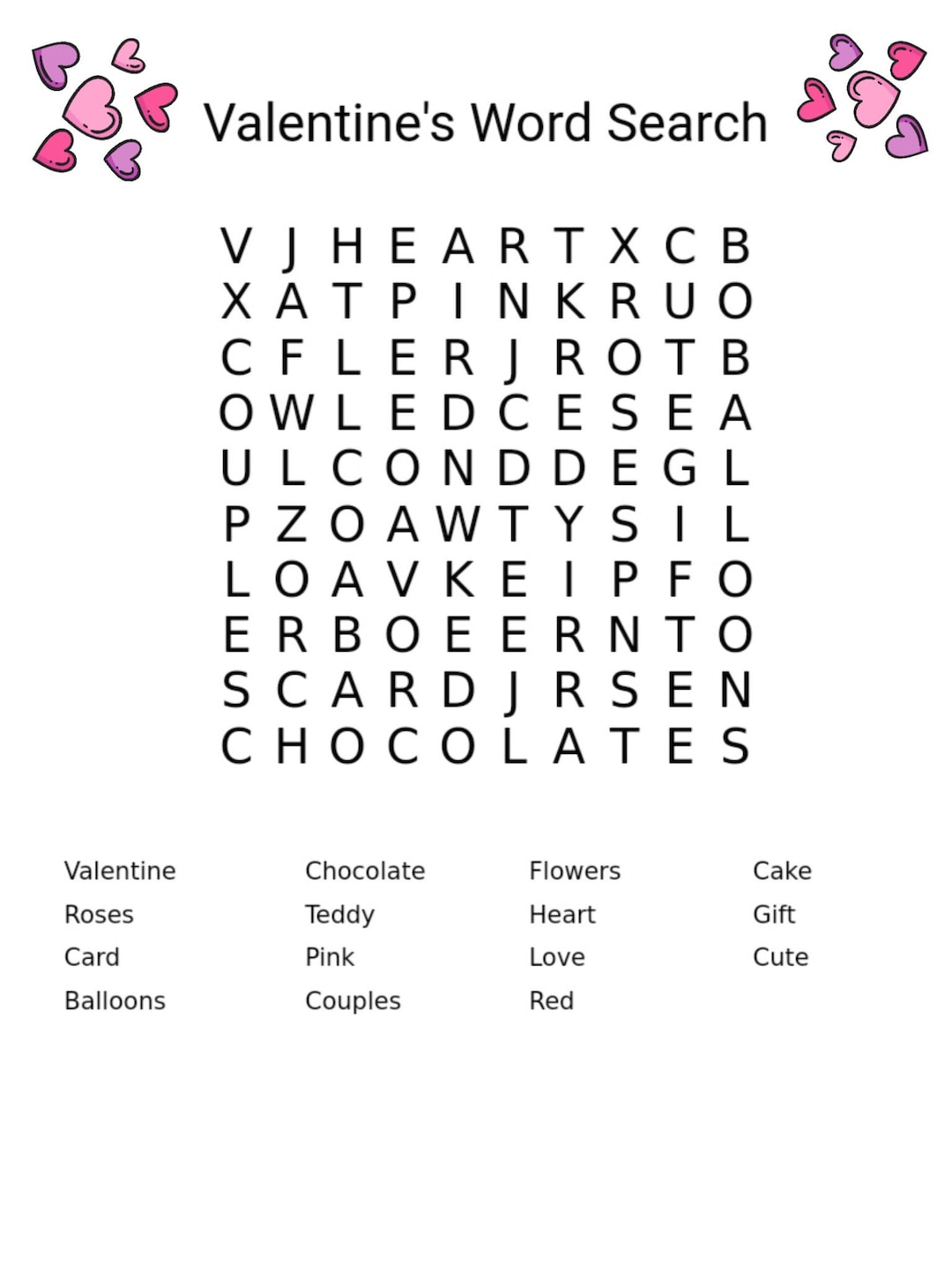 Valentine's Word Search Instant Printable Digital Download - Etsy