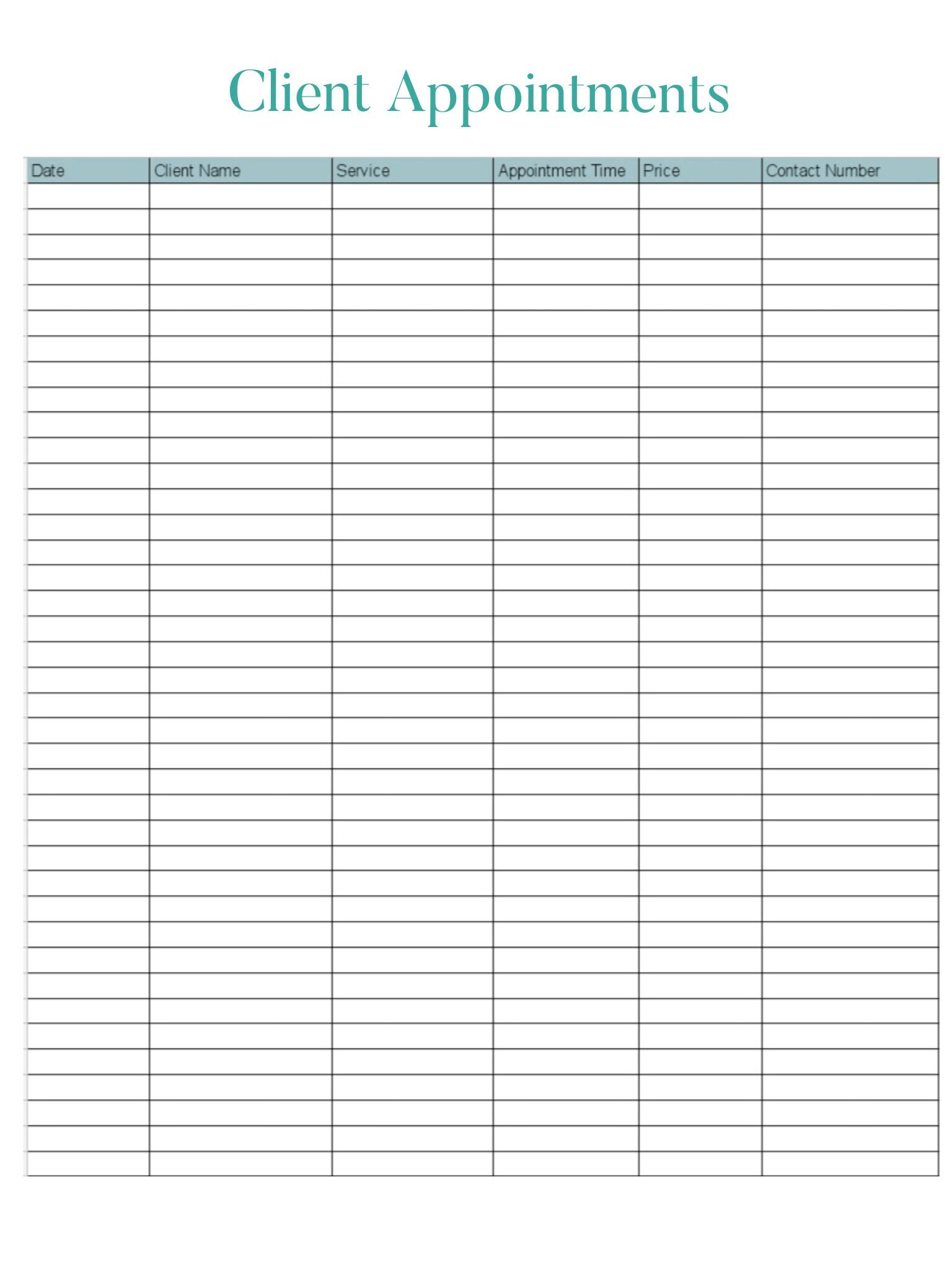 Client Appointment Sheet, Bookings, Lash Techs, Nail Techs, Barbers ...