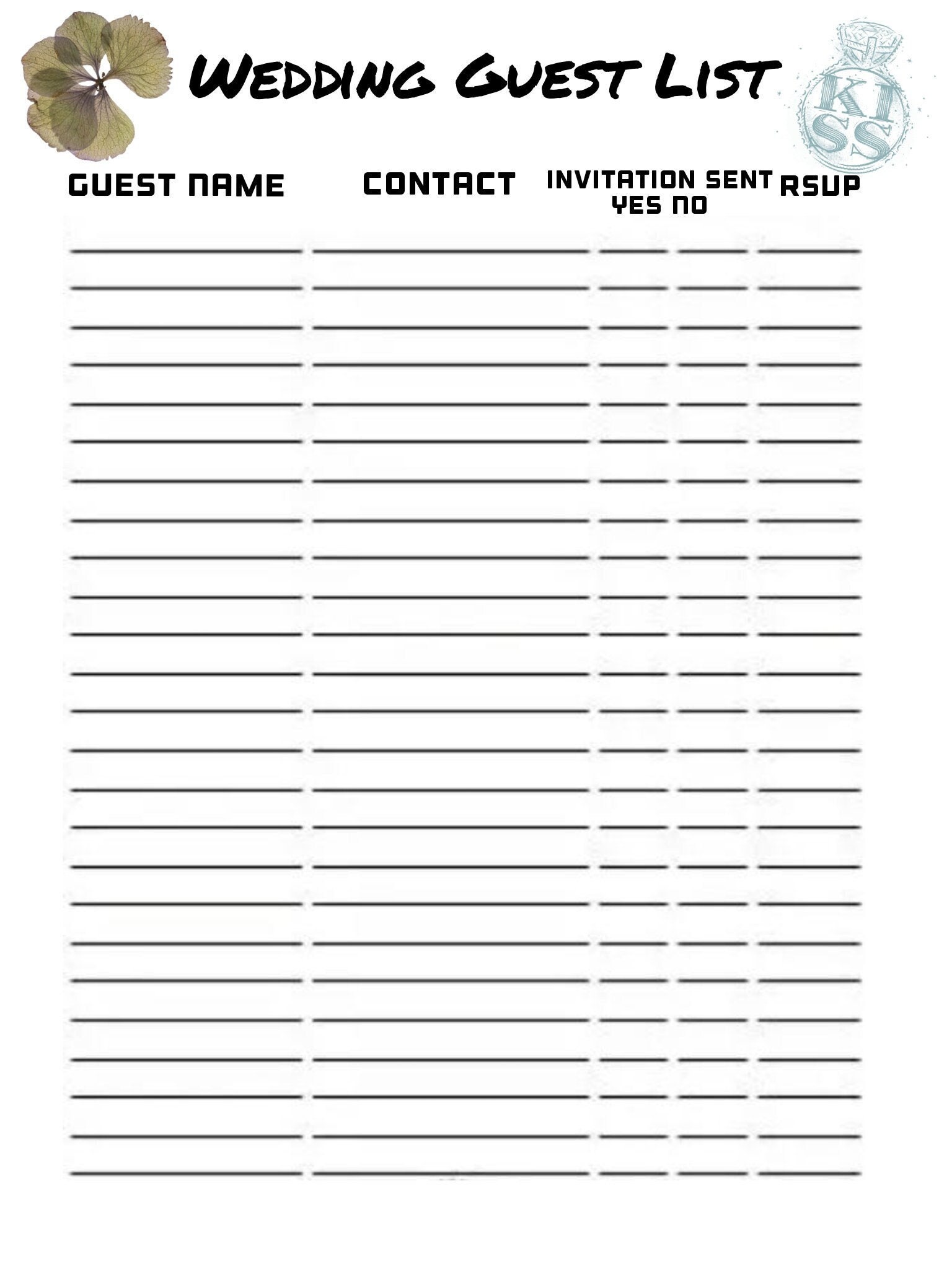 Wedding Guest List 2 Instant Printable Digital Download Wedding ...