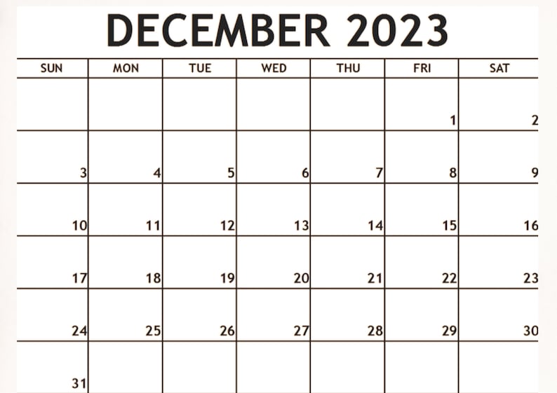 December Month 2023 Calendar Instant Printable Digital - Etsy New Zealand