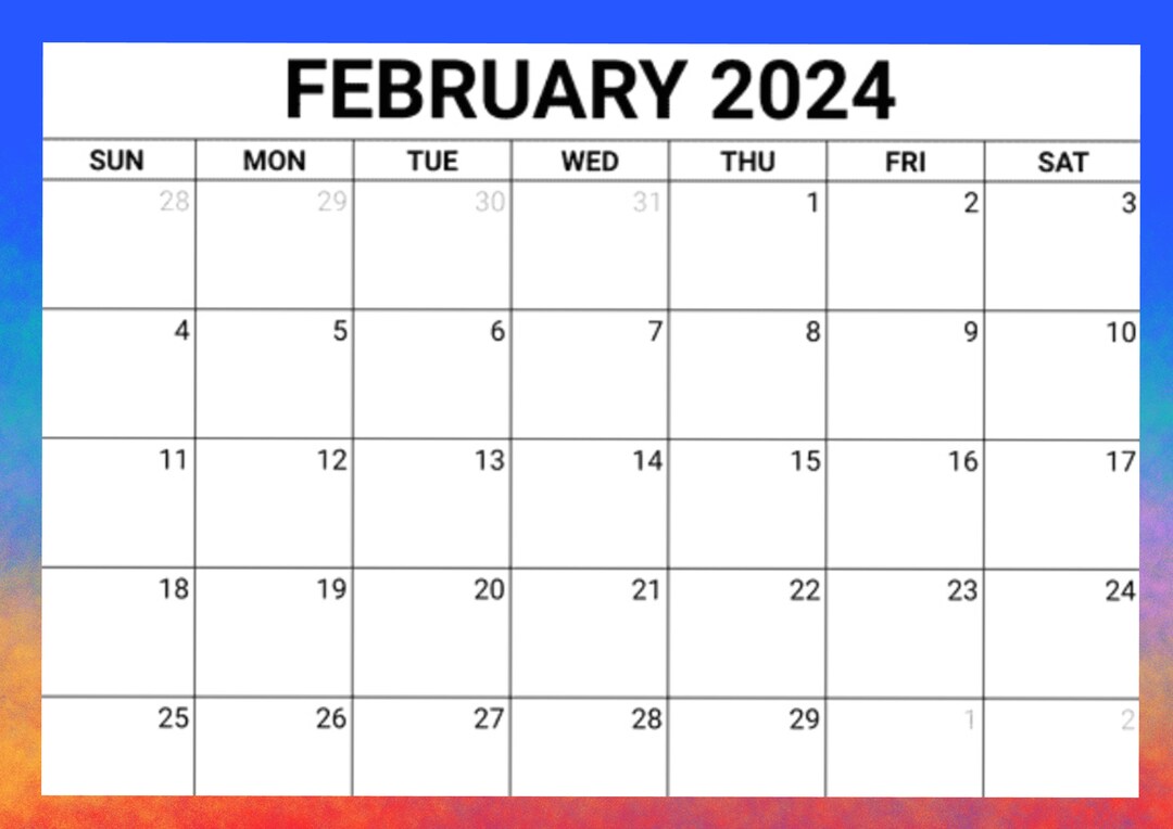 February 2024 Month Calendar, Calender, Colour, Printable, Digital ...