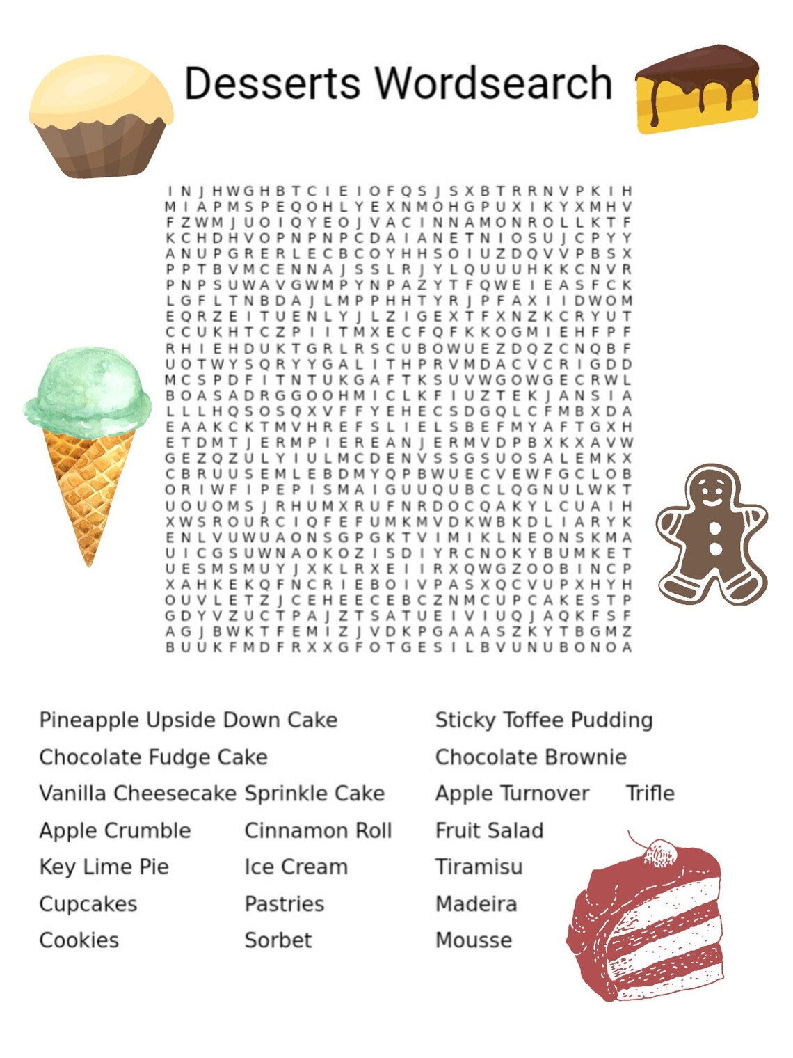 Desserts Word Search Puzzle: Printable Activity (digital Download ...