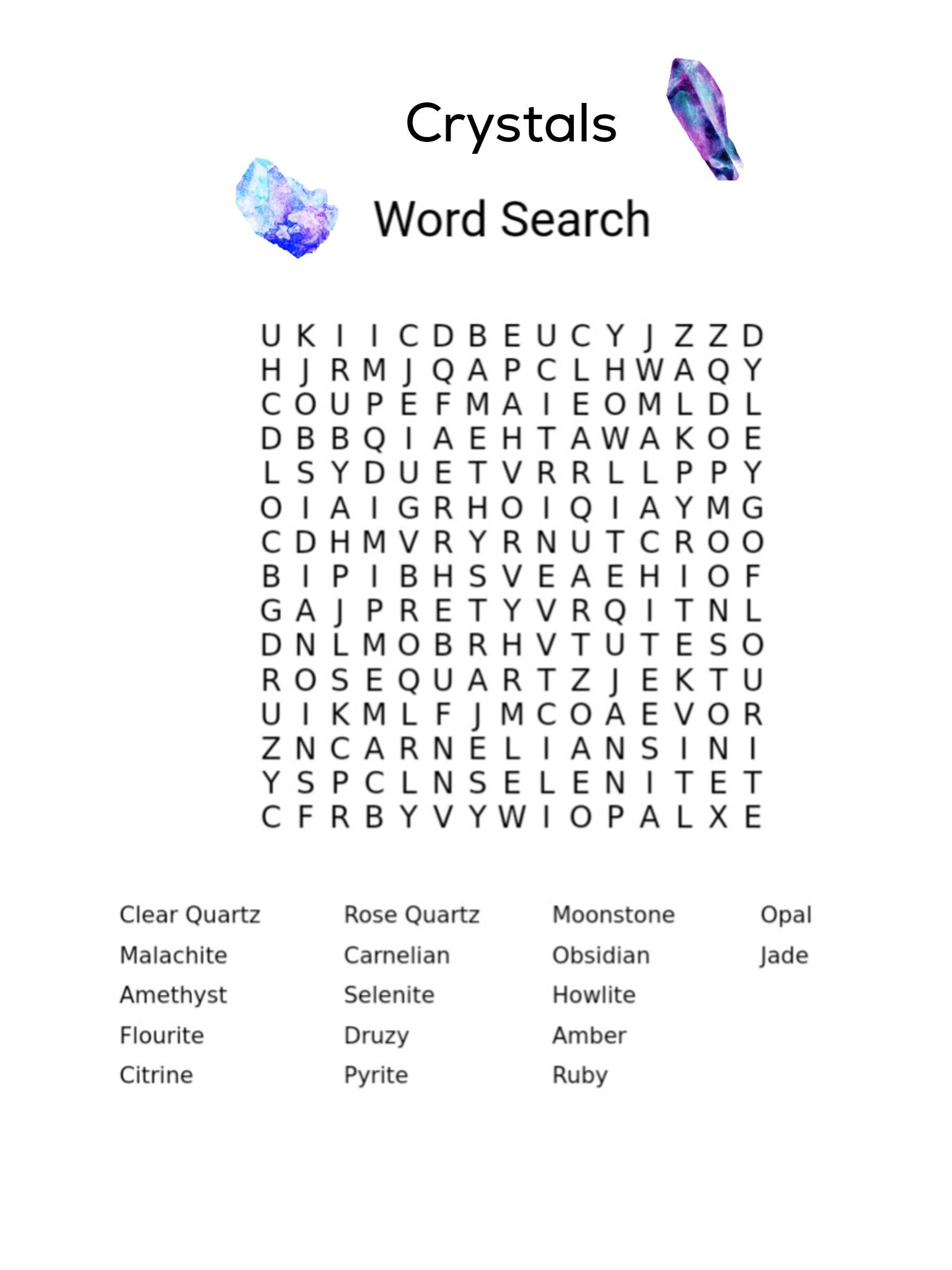 Crystals Wordsearch Printable, Digital Download, Fun, Amethyst, Jasper ...