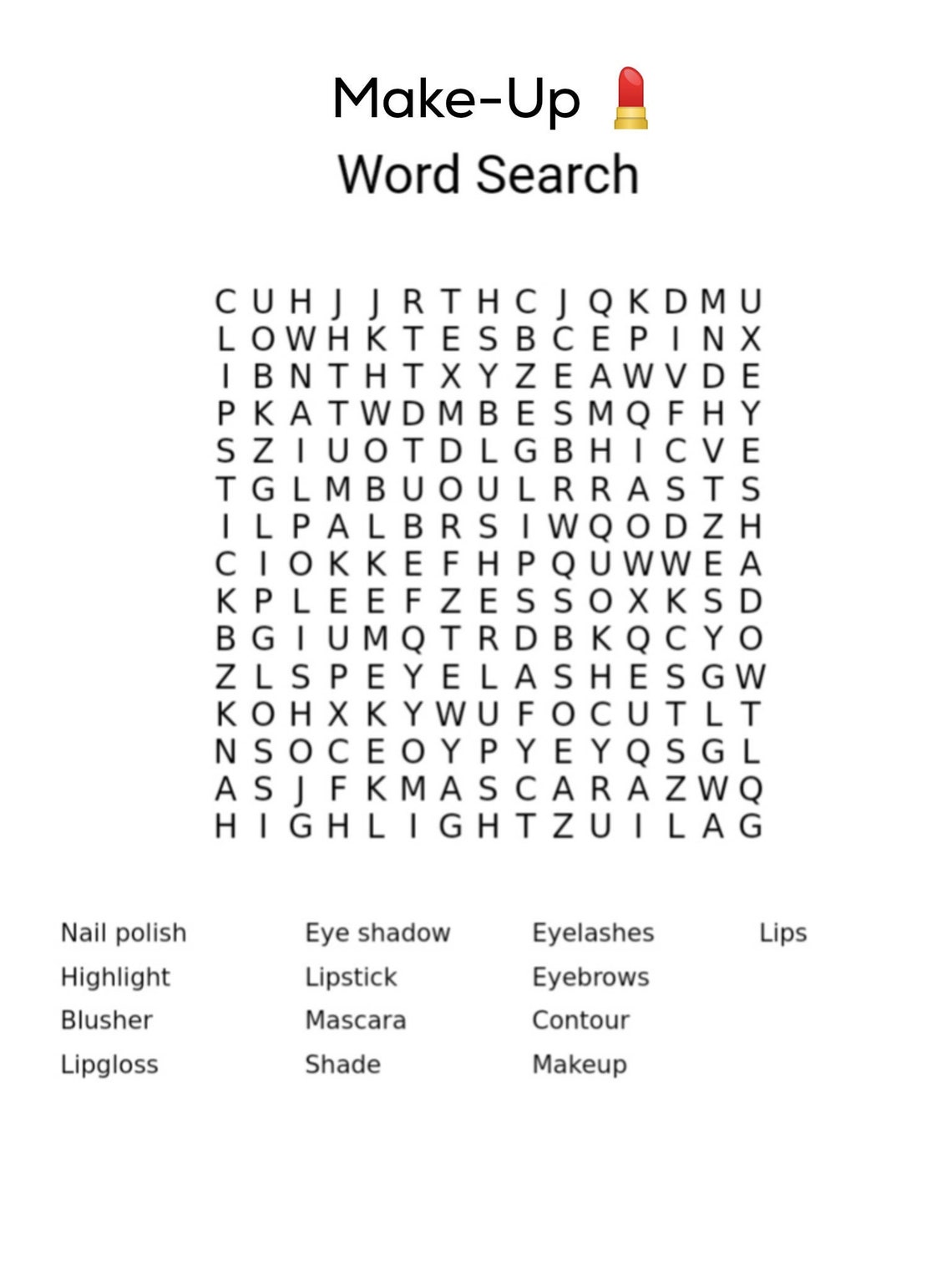 Make-up Word Search, Make up Artist, Fun Activity, Printable, Digital ...