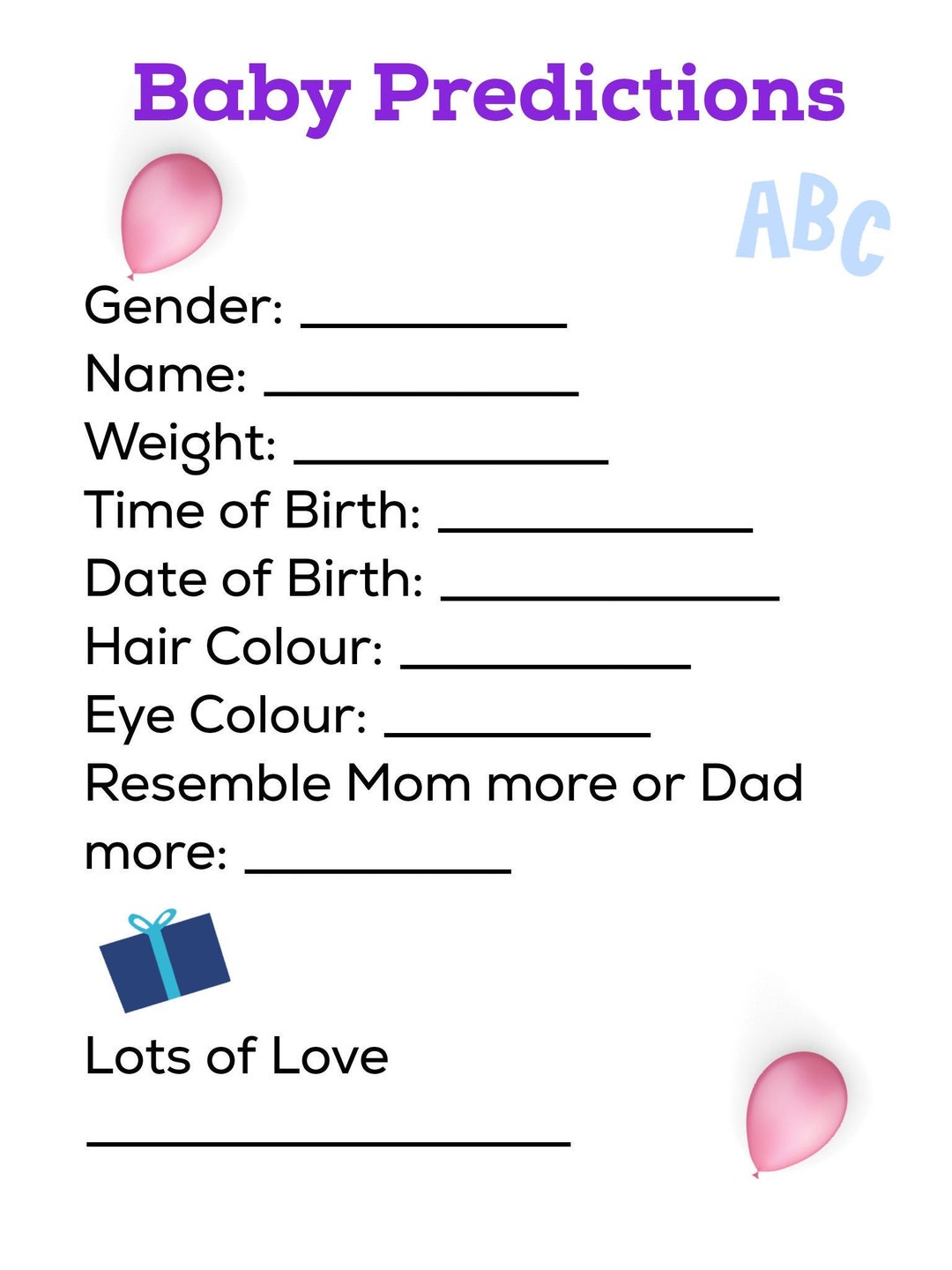 Baby Prediction, Baby Shower Game, Family Fun, Instant, Printable ...