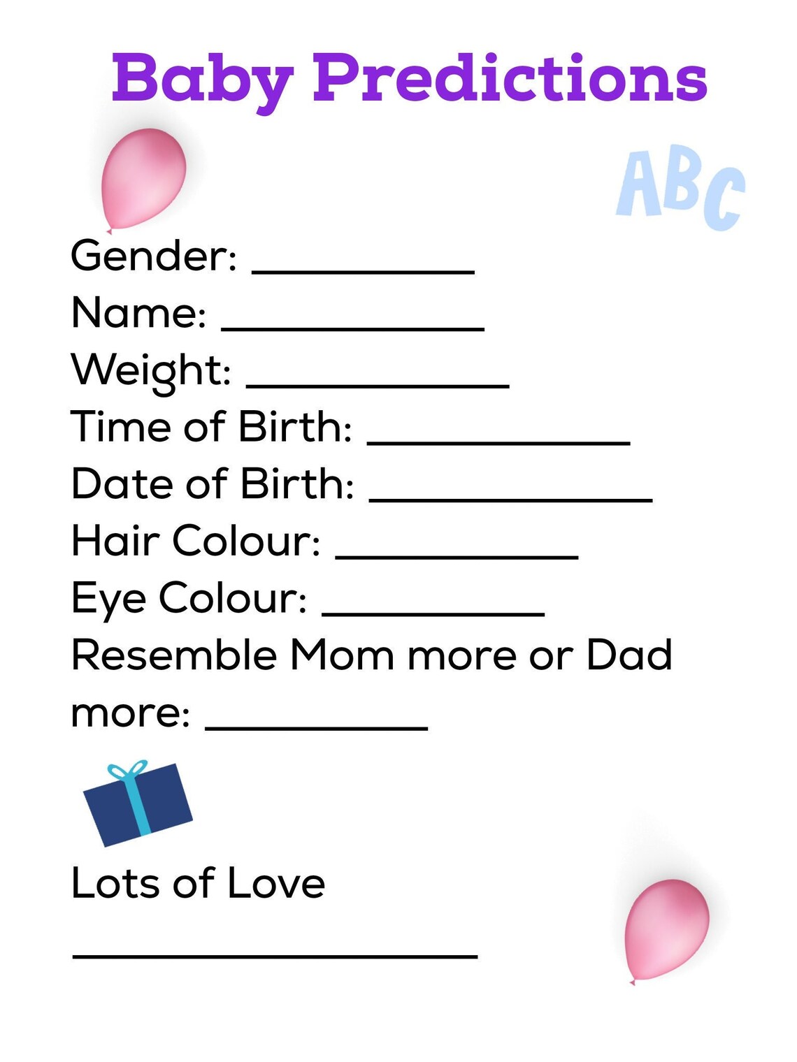 Baby Prediction, Baby Shower Game, Family Fun, Instant, Printable ...