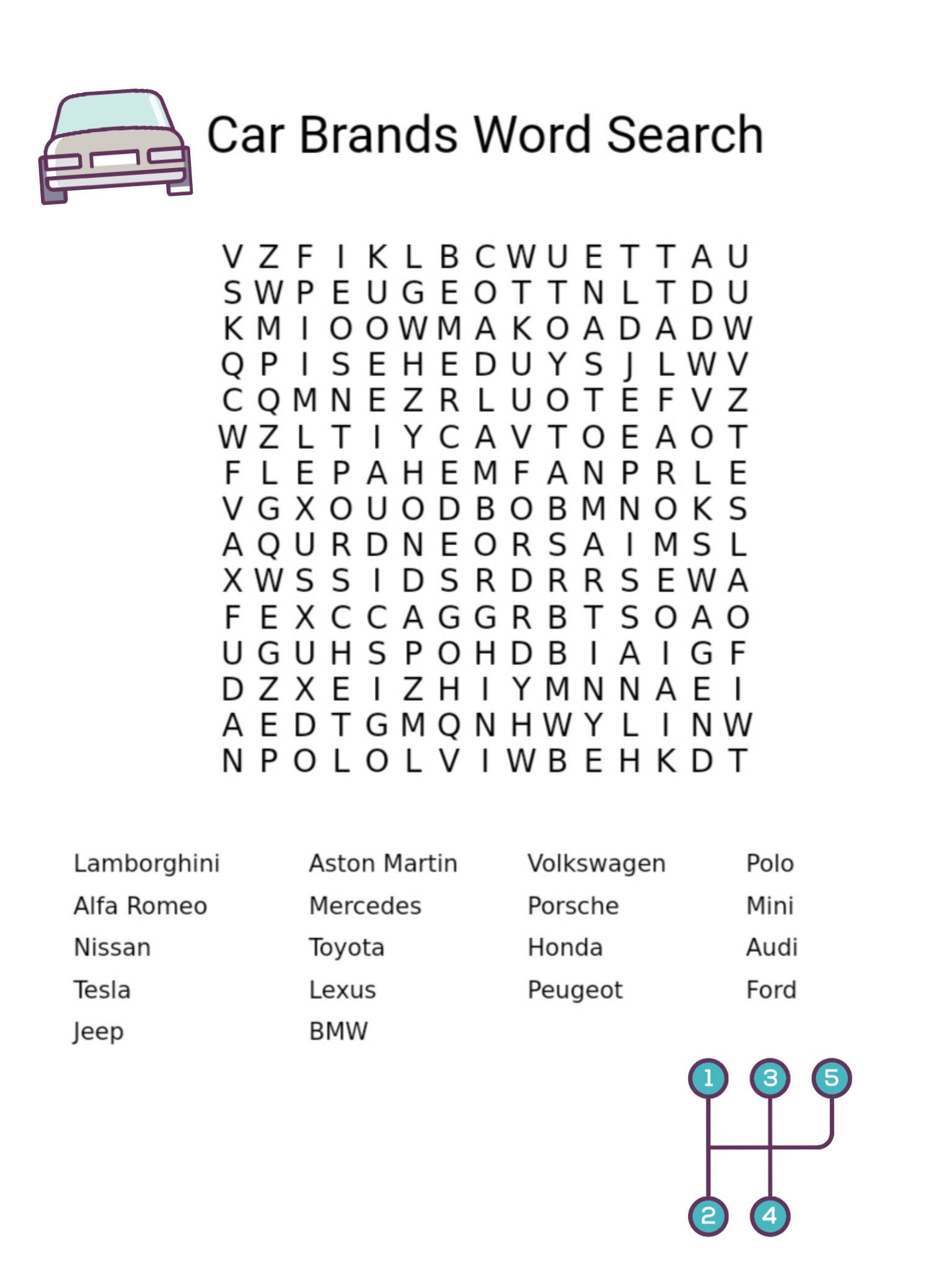 Car Lover, Car Brands, Wordsearch, Puzzle, Game, Fun, Kids Activity ...