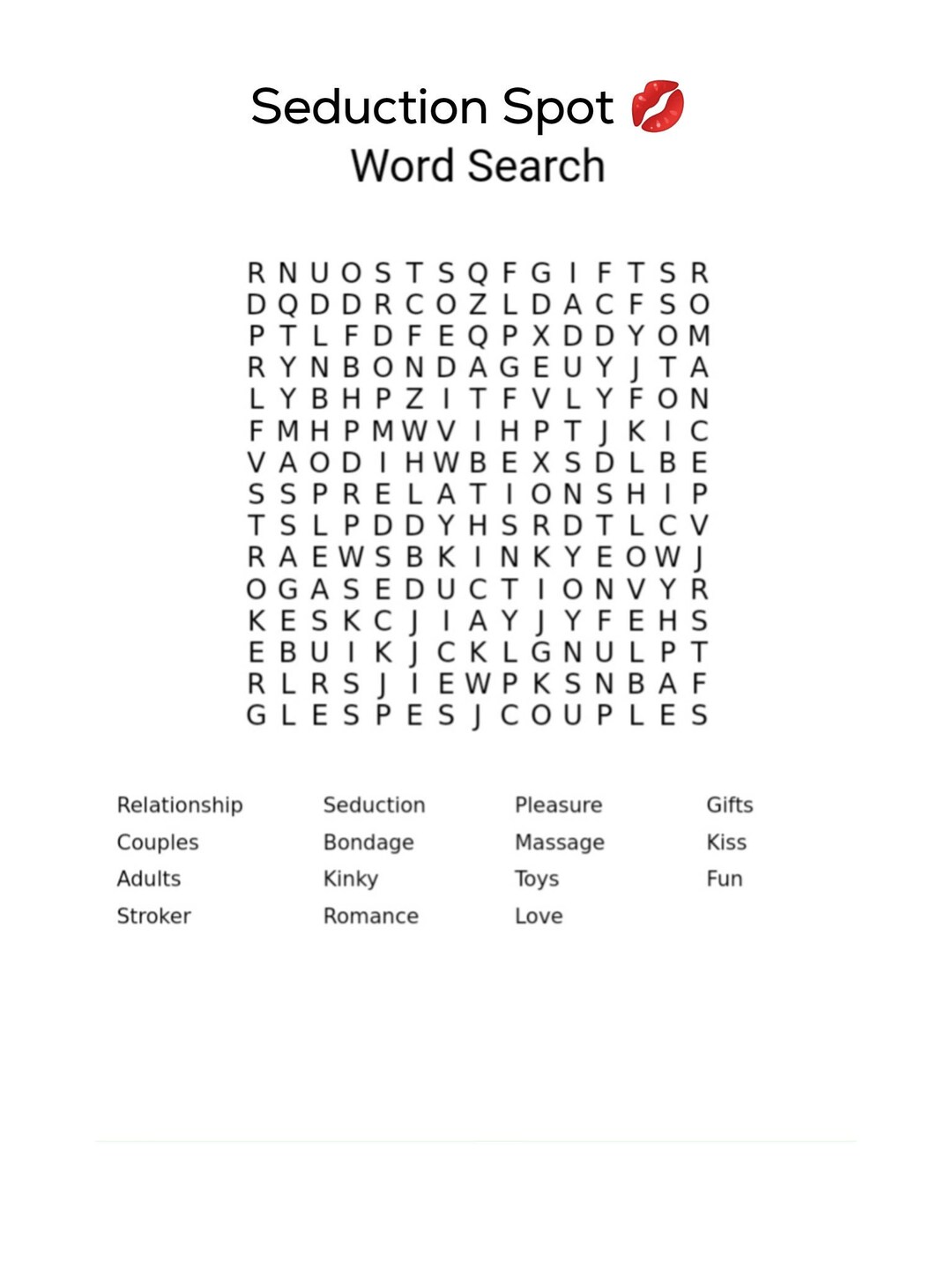 Seduction Spot Word Search, Game, Puzzle, Date Night Relationship - Etsy