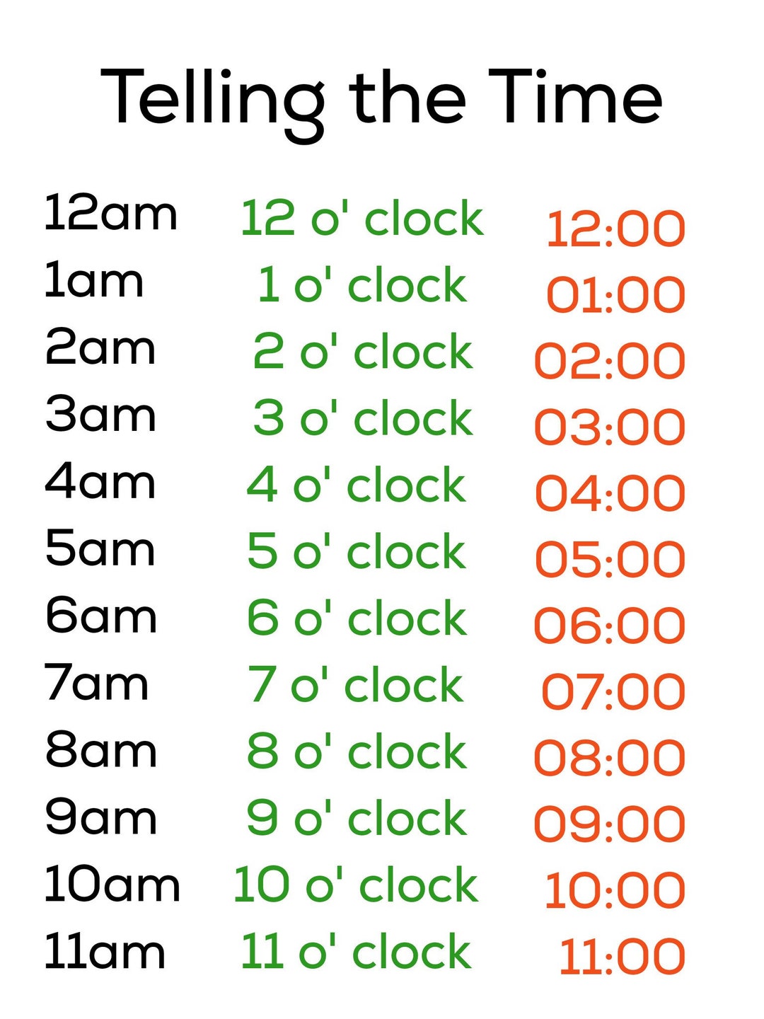 Telling the Time AM Instant Printable Digital Download - Etsy