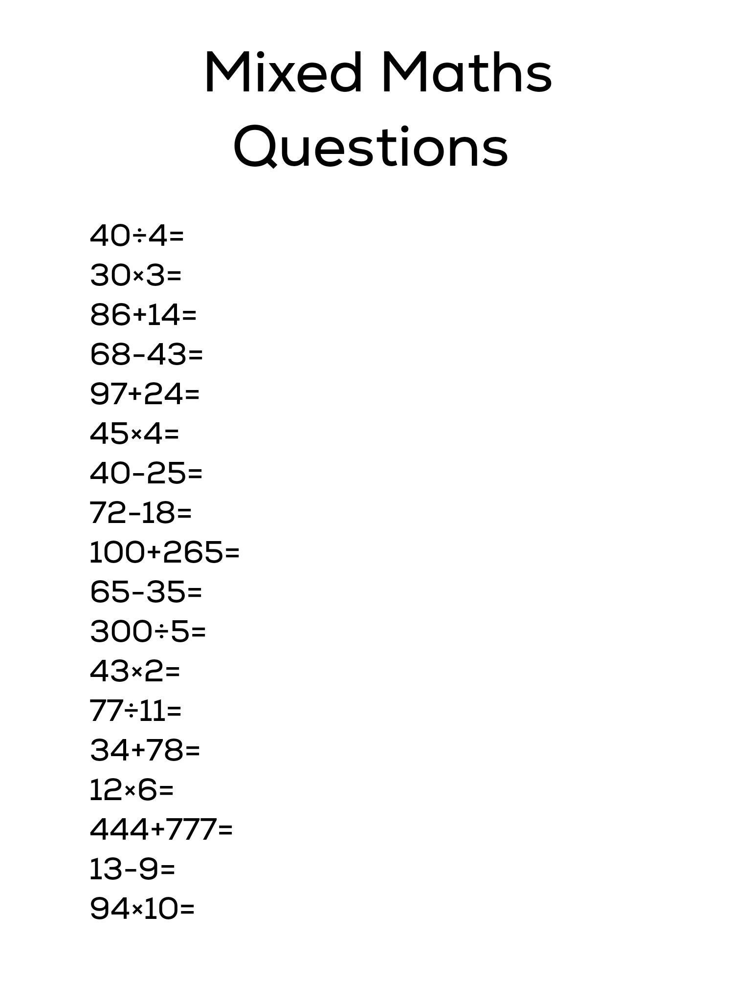 Mixed Maths Questions Printable, Digital Download, Home Schooling ...