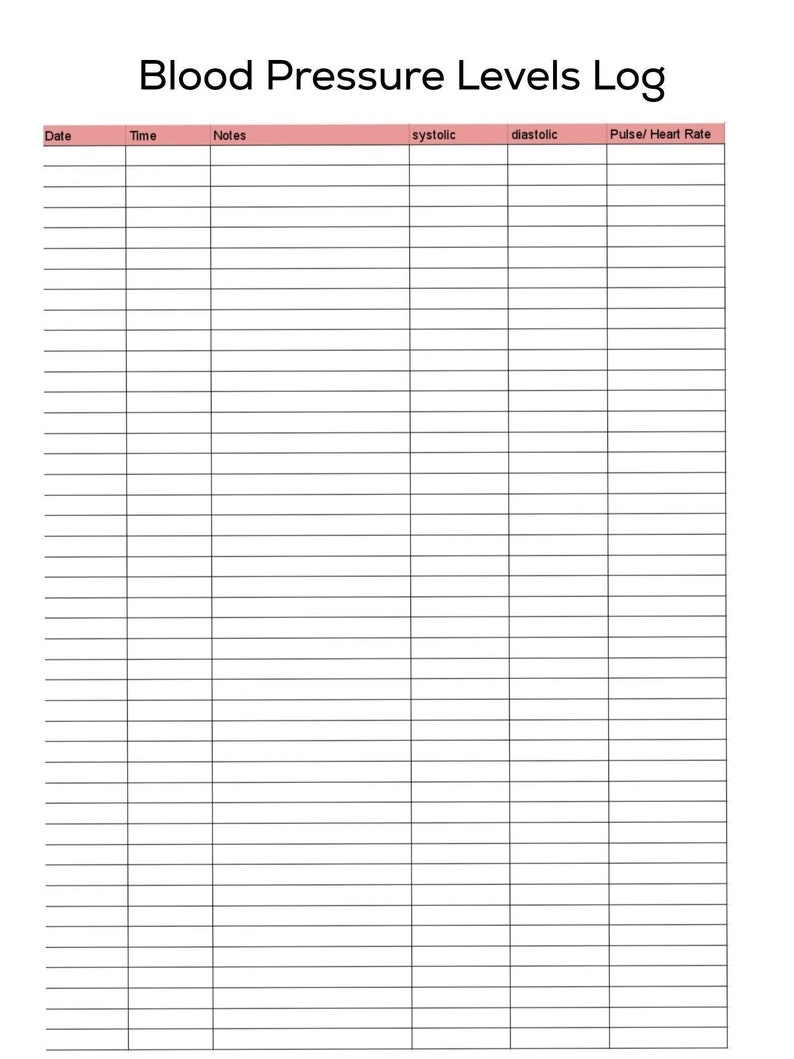 Blood Pressure Log, Monitoring, Management, Instant Printable Digital ...